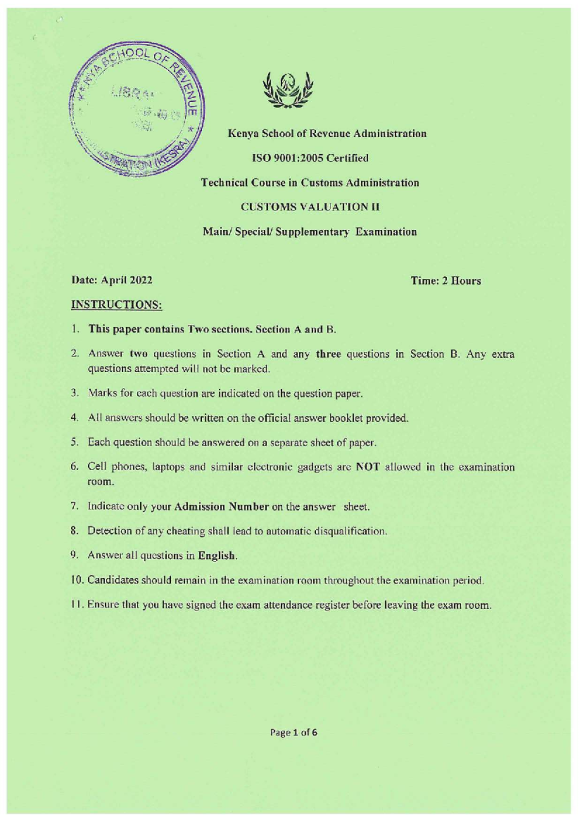 Customs Valuation II Supplementary Exam - KESRA April 2022 - Studocu
