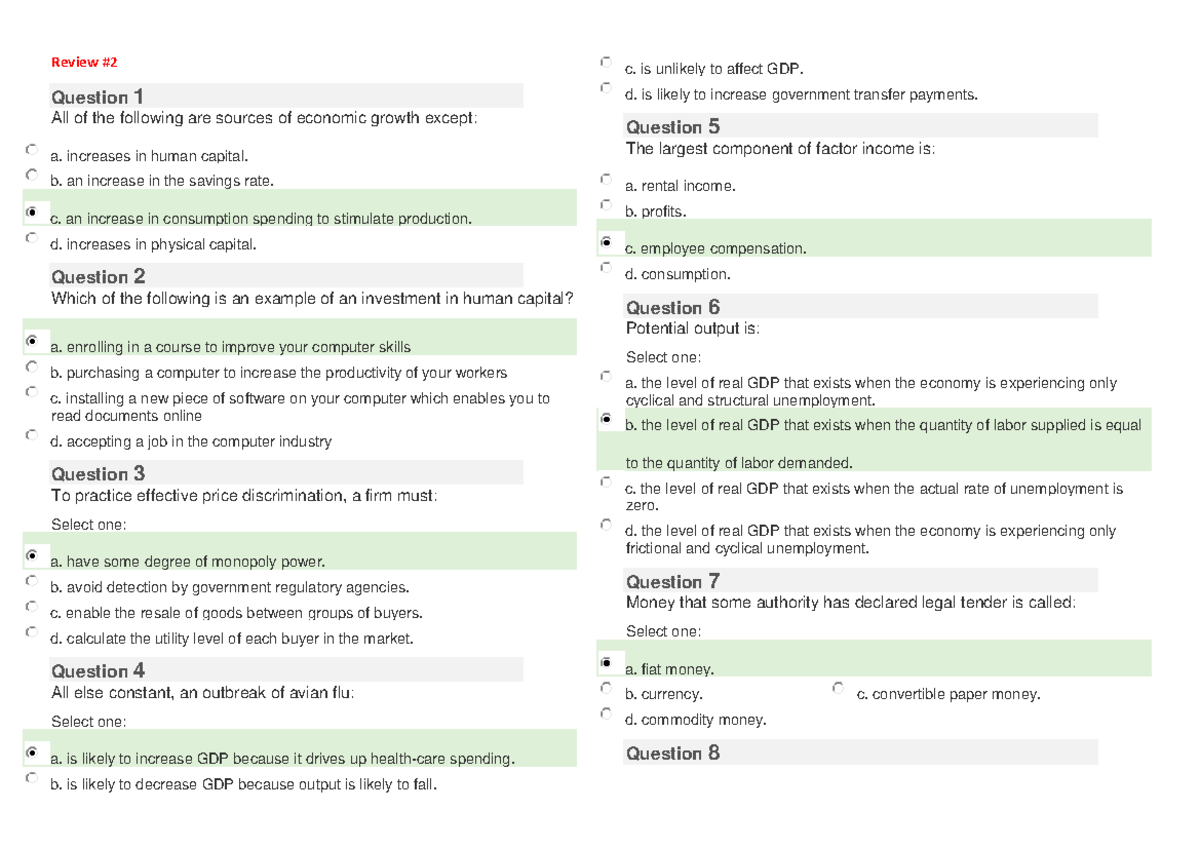 review quiz practice 4 - Review # Question 1 All of the following are ...