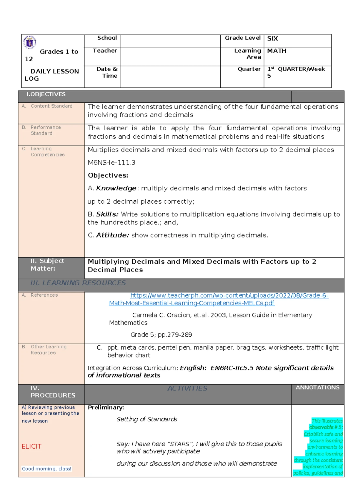 MATH 6 Q1 Week 6: Multiplying Decimals & Mixed Decimals Lesson Plan ...