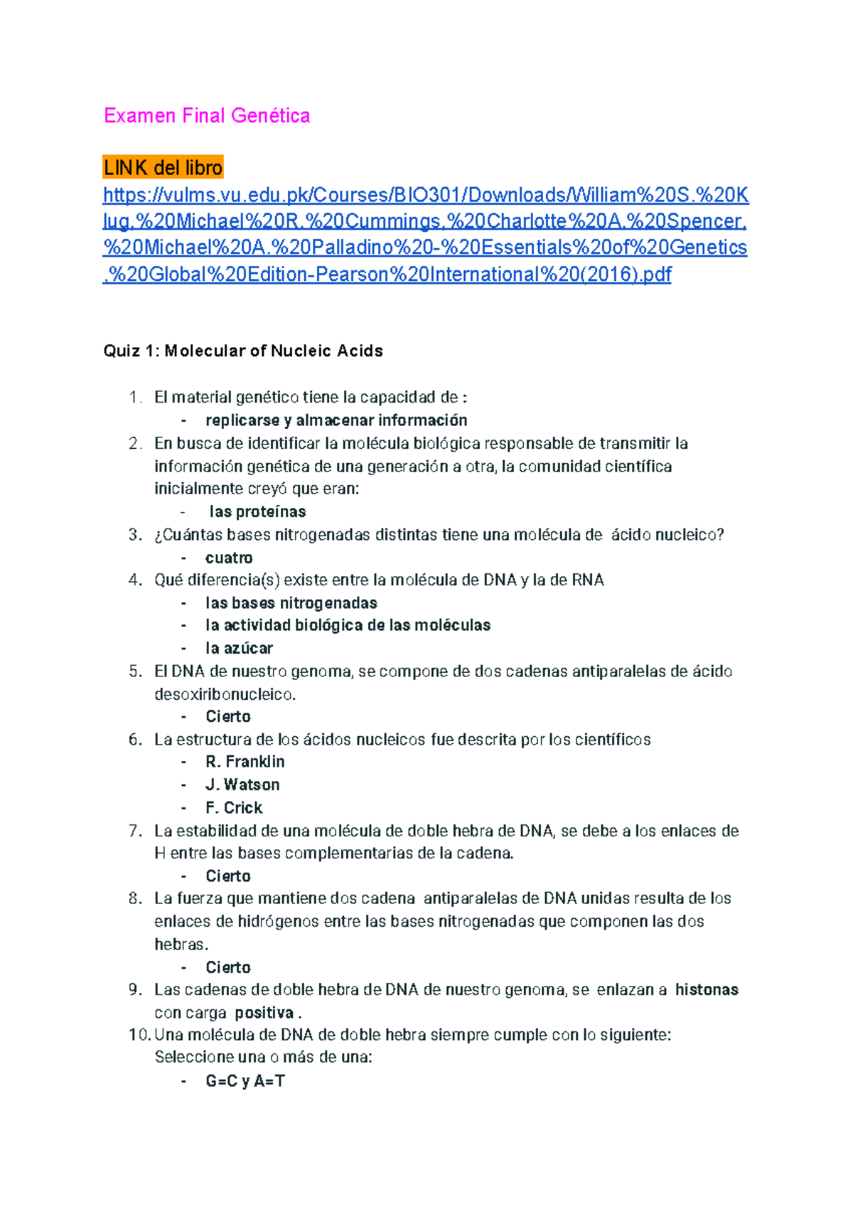 Examen Final BIO301: Genética 2020 - Contenidos y Cuestionarios - Studocu