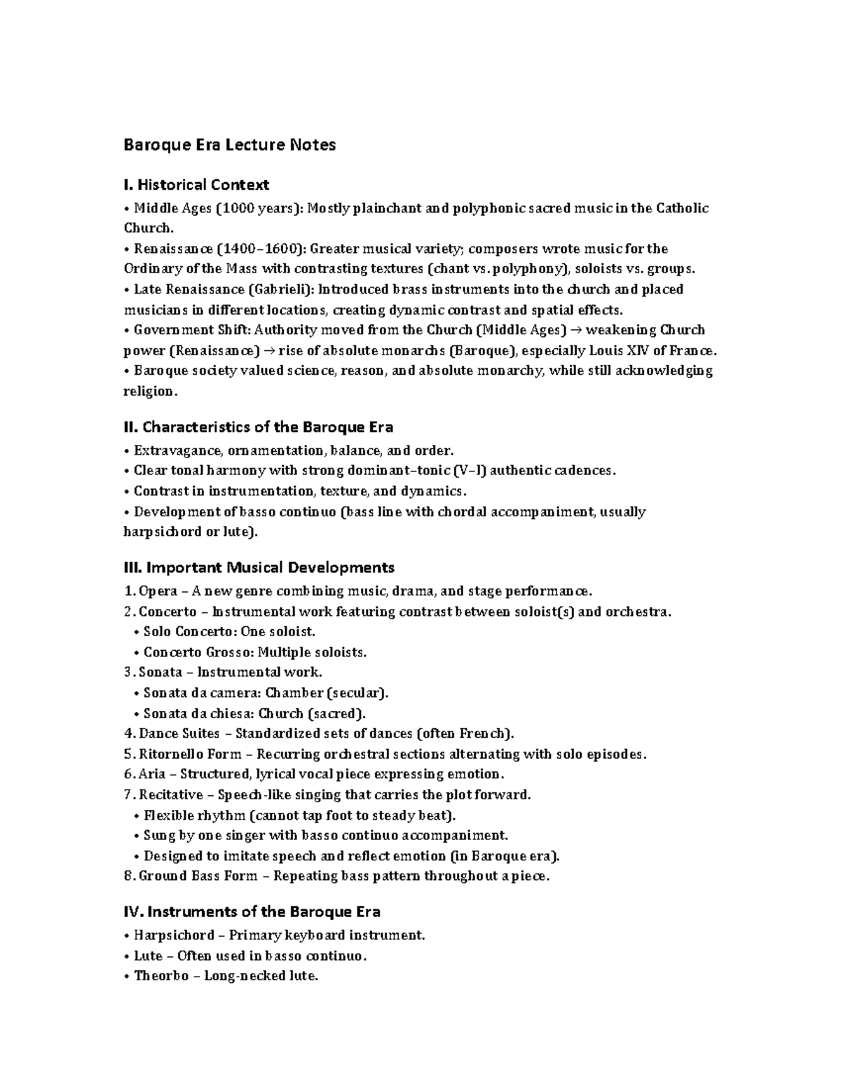 Baroque Era Lecture Notes I: Historical Context & Characteristics - Studocu