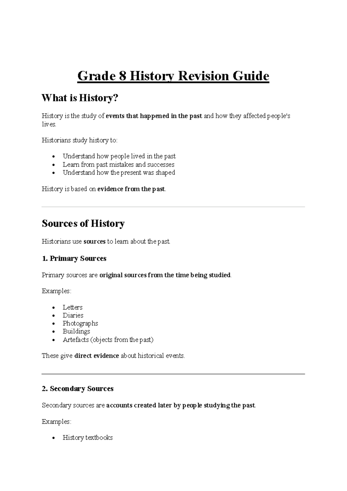 Grade 8 History Revision Guide: Understanding the Past - Studocu