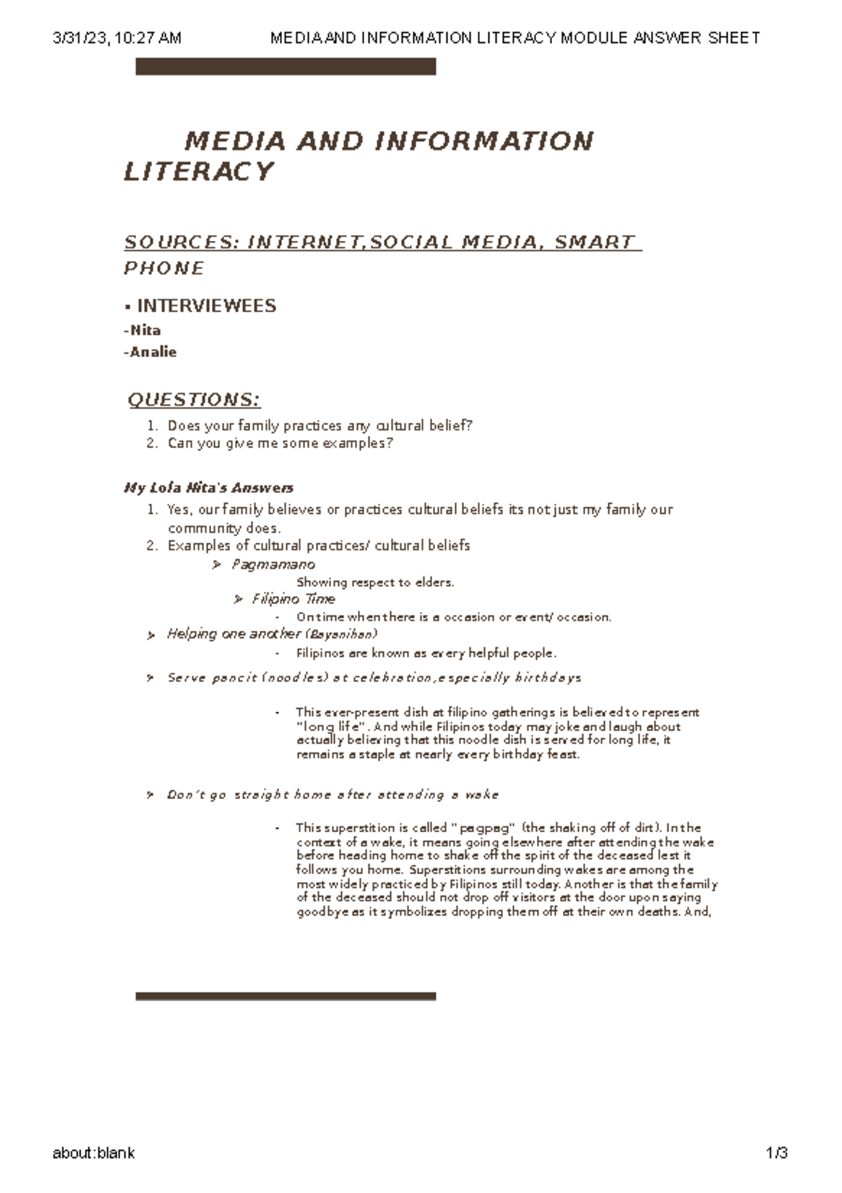 Media and Information Literacy Module: Cultural Beliefs Responses - Studocu