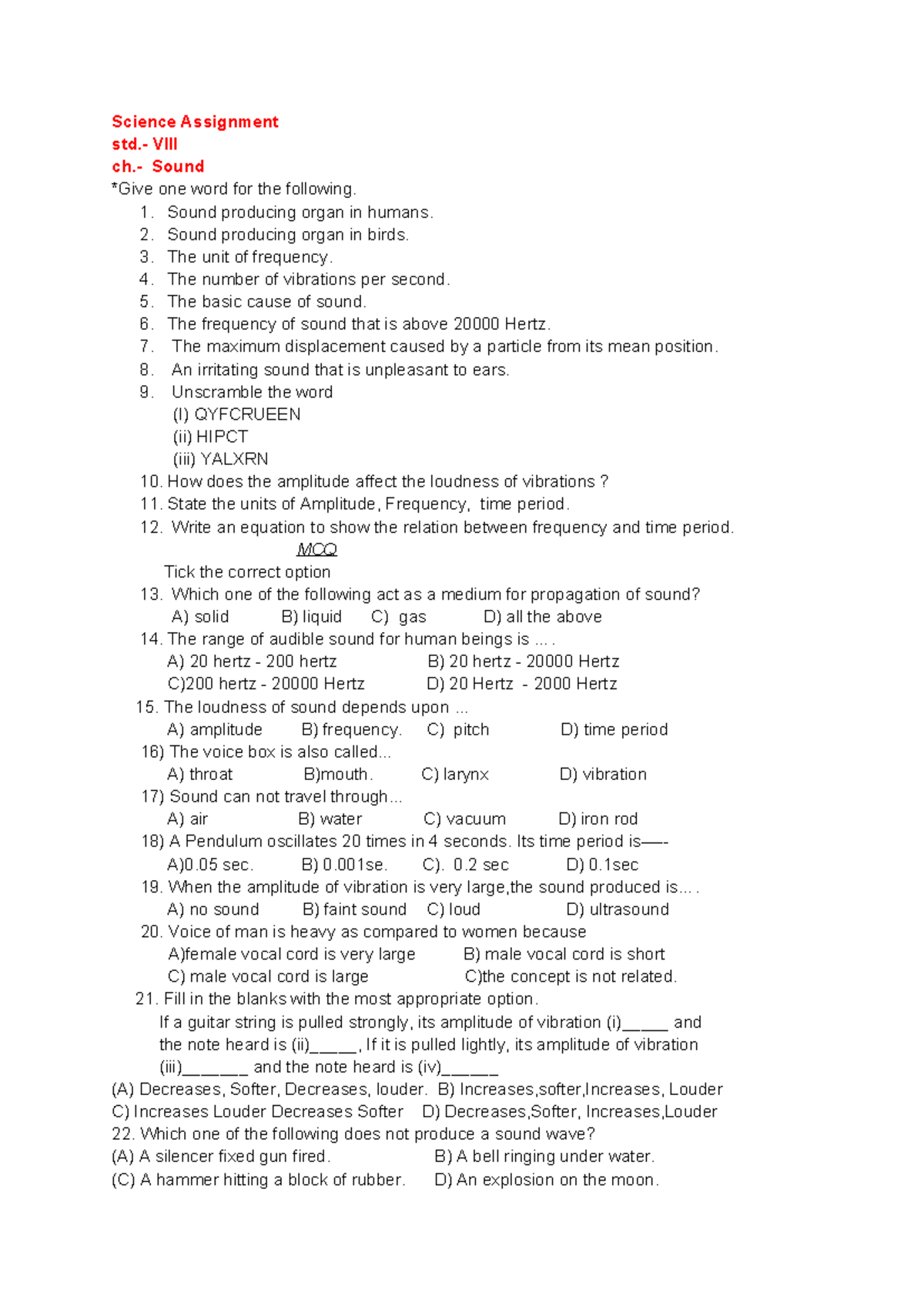 Science Assignment: Sound Concepts and Questions - Studocu