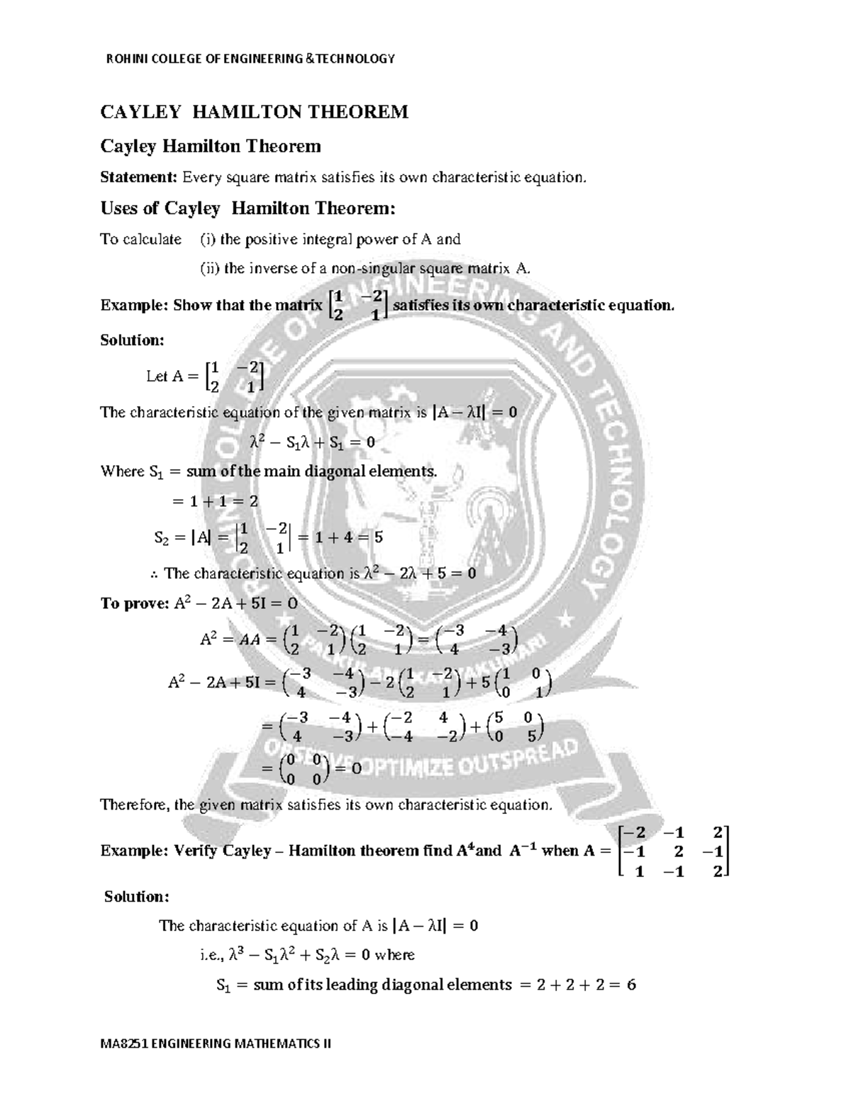 MA8251 ENGINEERING MATHEMATICS II: Cayley Hamilton Theorem Explained ...