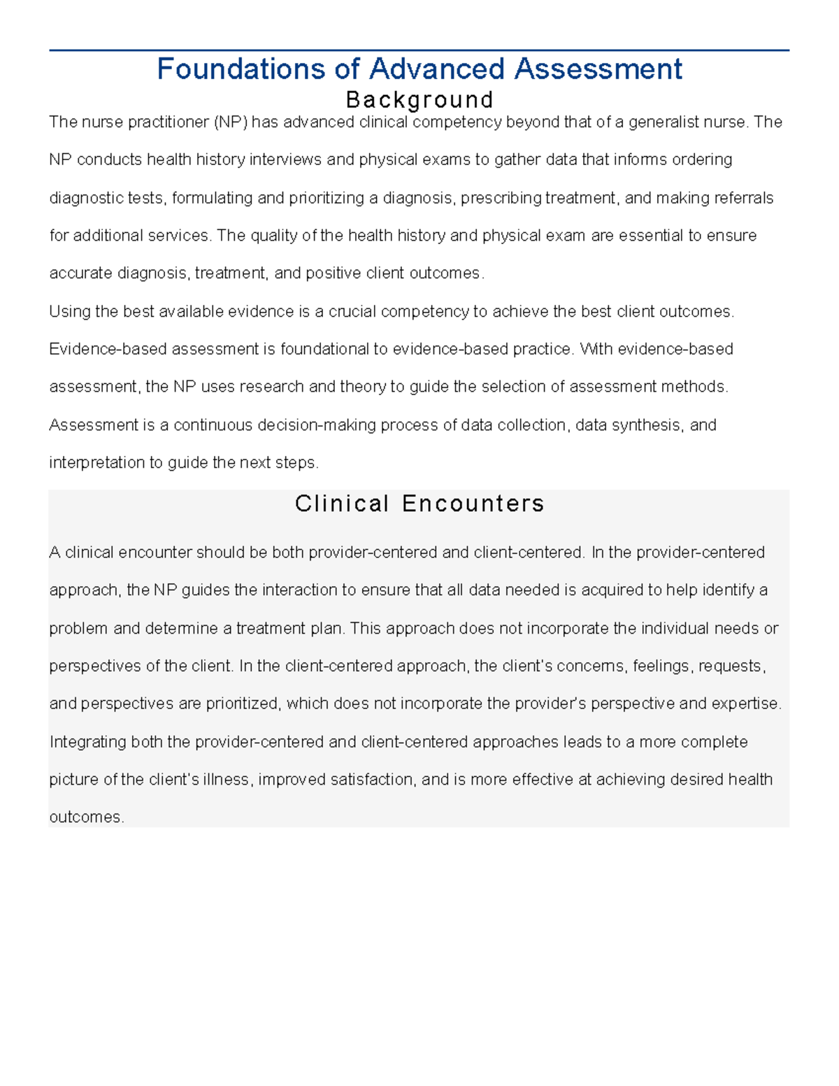 Foundations of Advanced Assessment: NP Clinical Competency Overview ...