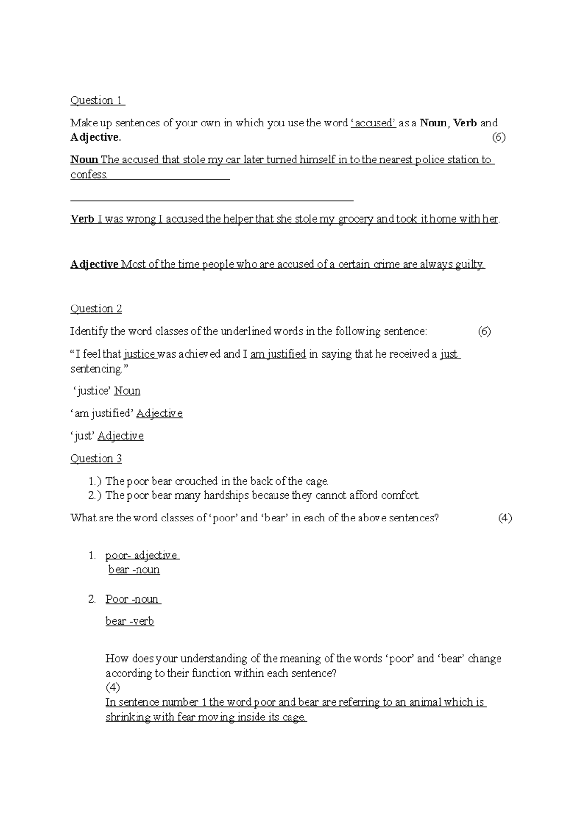 Word Classes Assignment - Question 1 Make up sentences of your own in ...