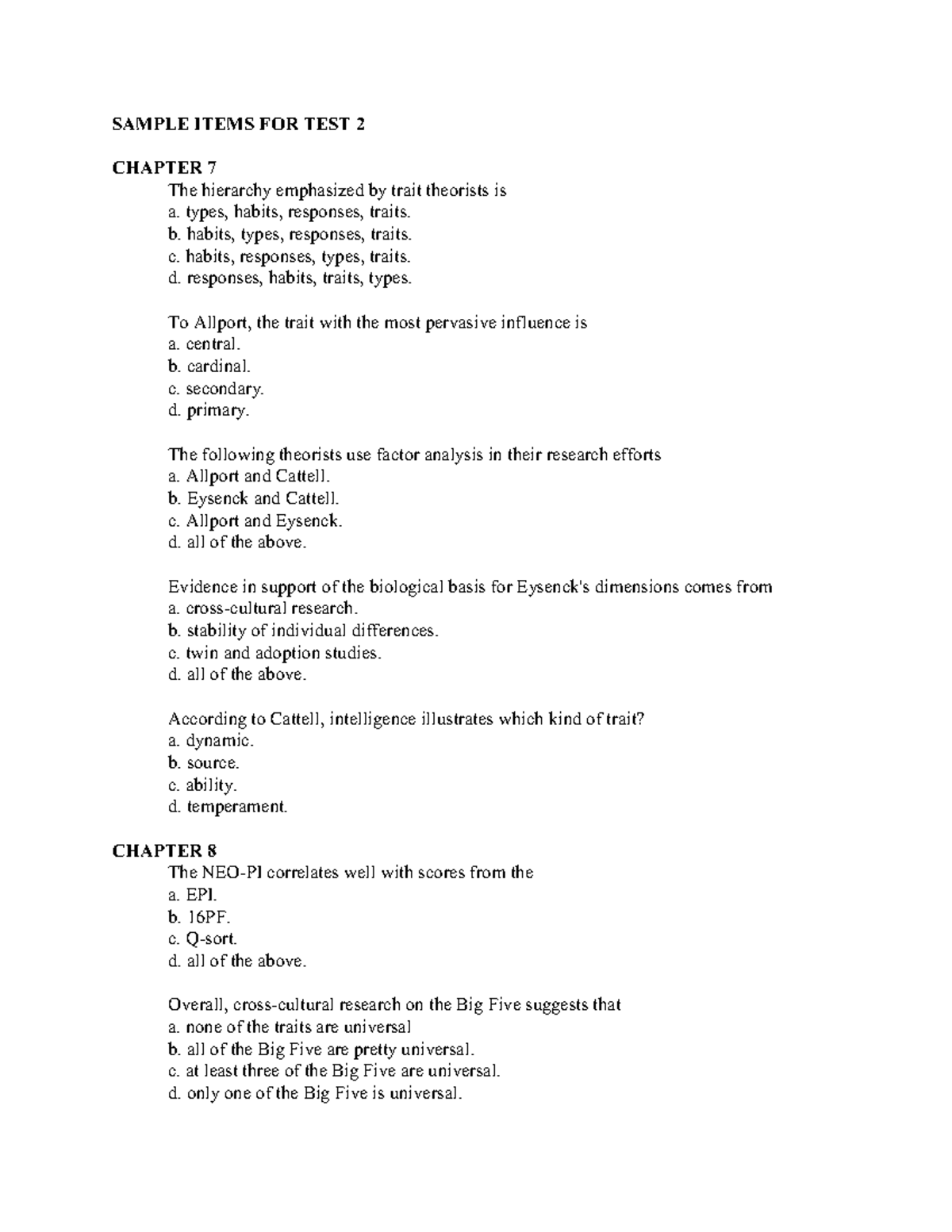 Sample Items for Midterm Exam - PSY 101 Chapters 7-9 - Studocu