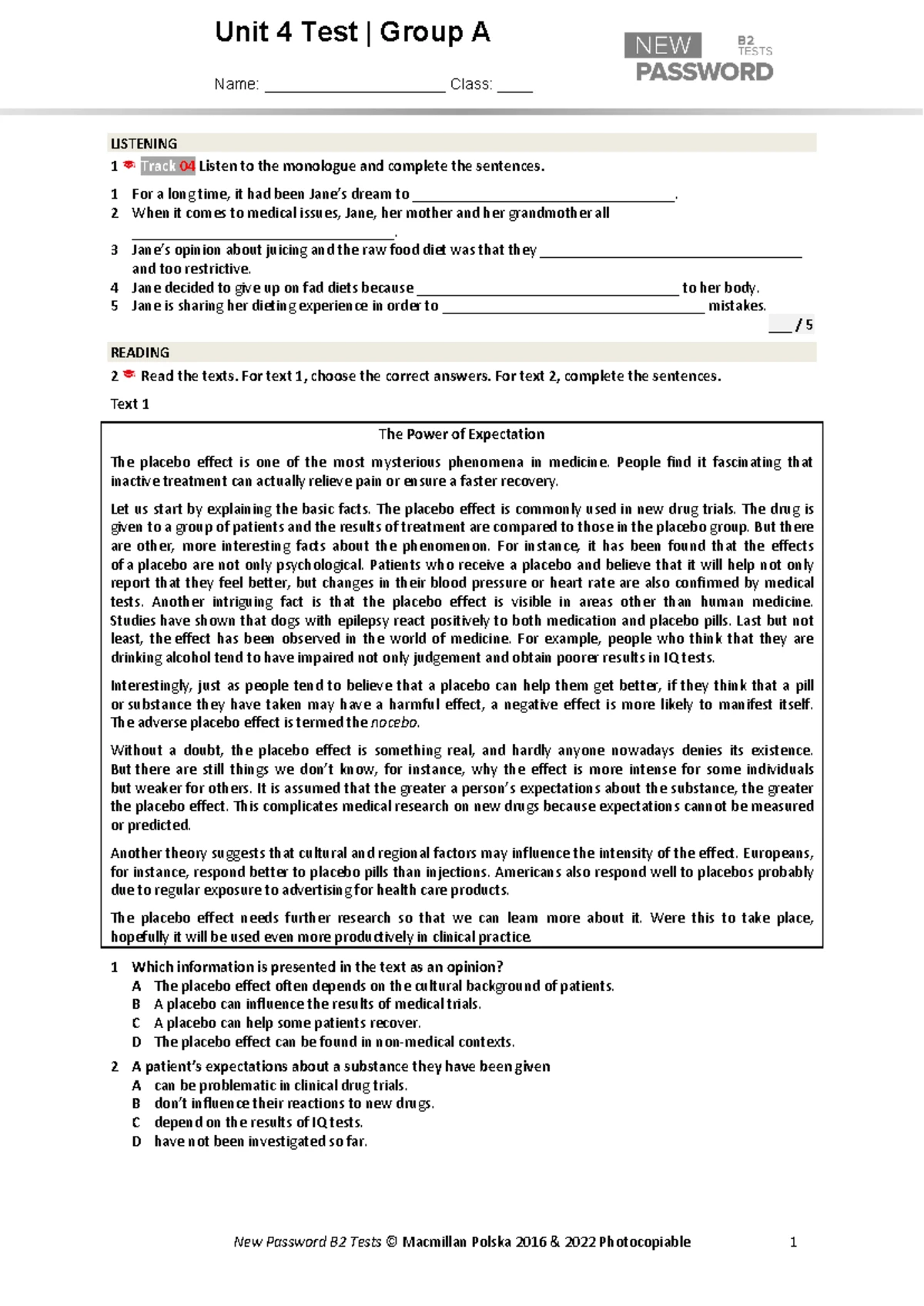 FOCUS 4 Test UNIT 1 - Język angielski - Studocu