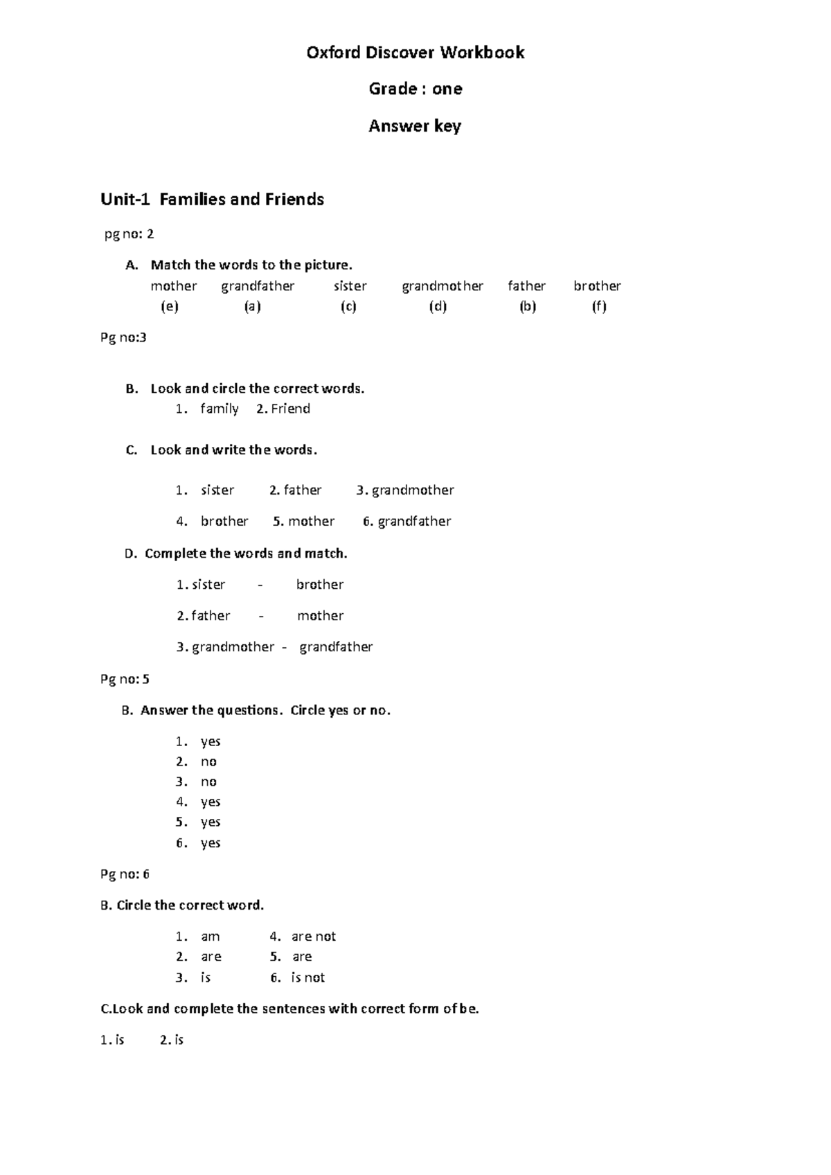 Oxford Discover Workbook Grade 1: Answer Key for Families and Friends ...