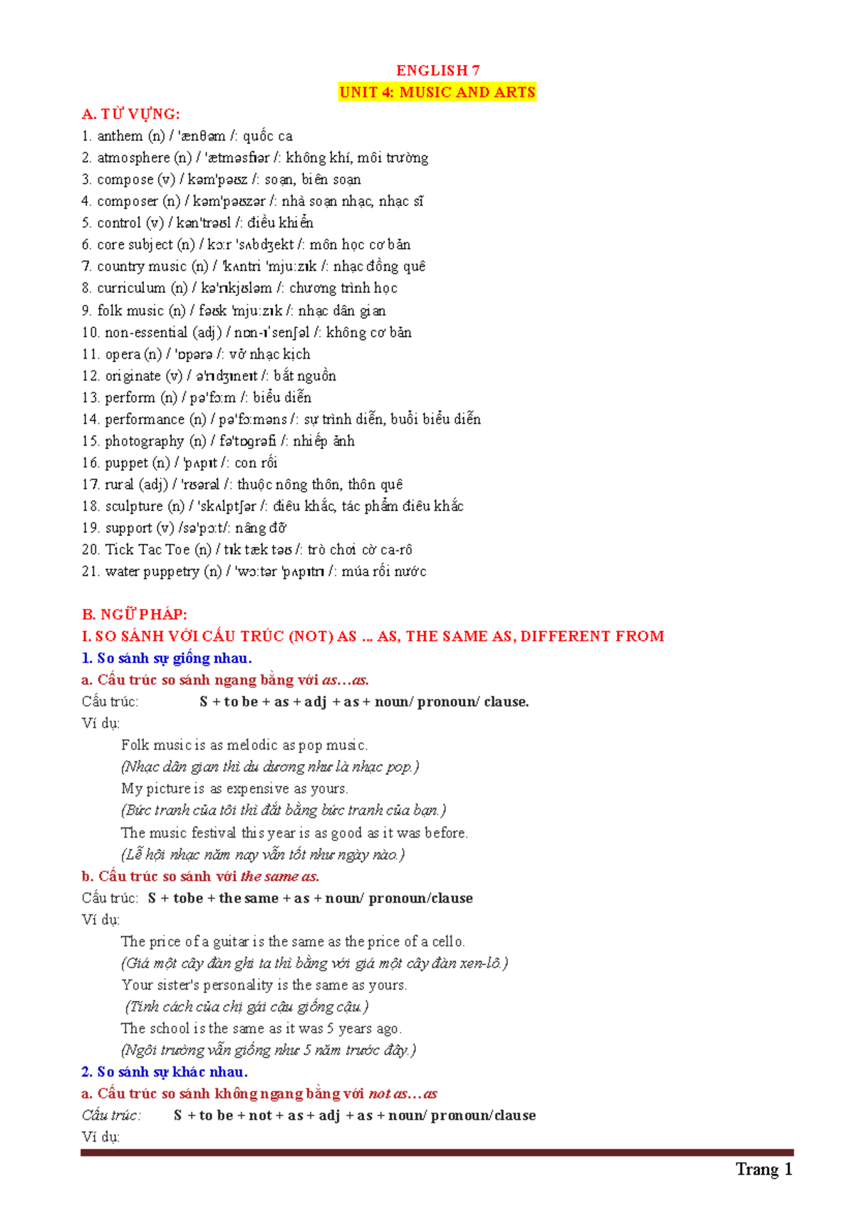 ENGLISH 7: UNIT 4 - MUSIC AND ARTS STUDY NOTES - Studocu