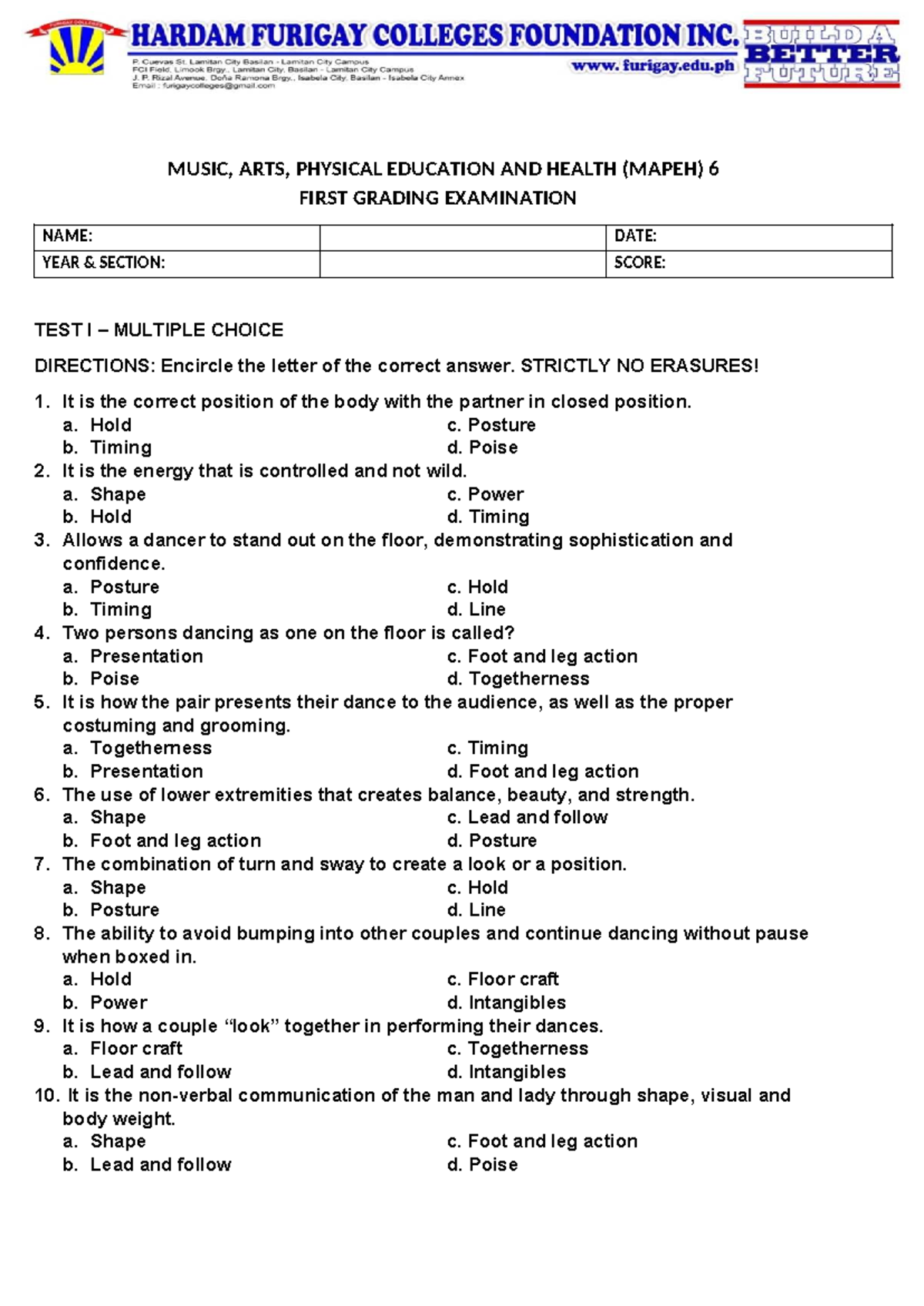 MAPEH 6 First Grading Exam: Multiple Choice Questions - Studocu