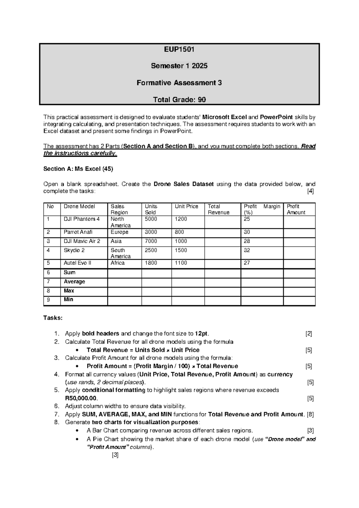 EUP1501 Semester 1 2025 Formative Assessment 3: Excel & PowerPoint ...