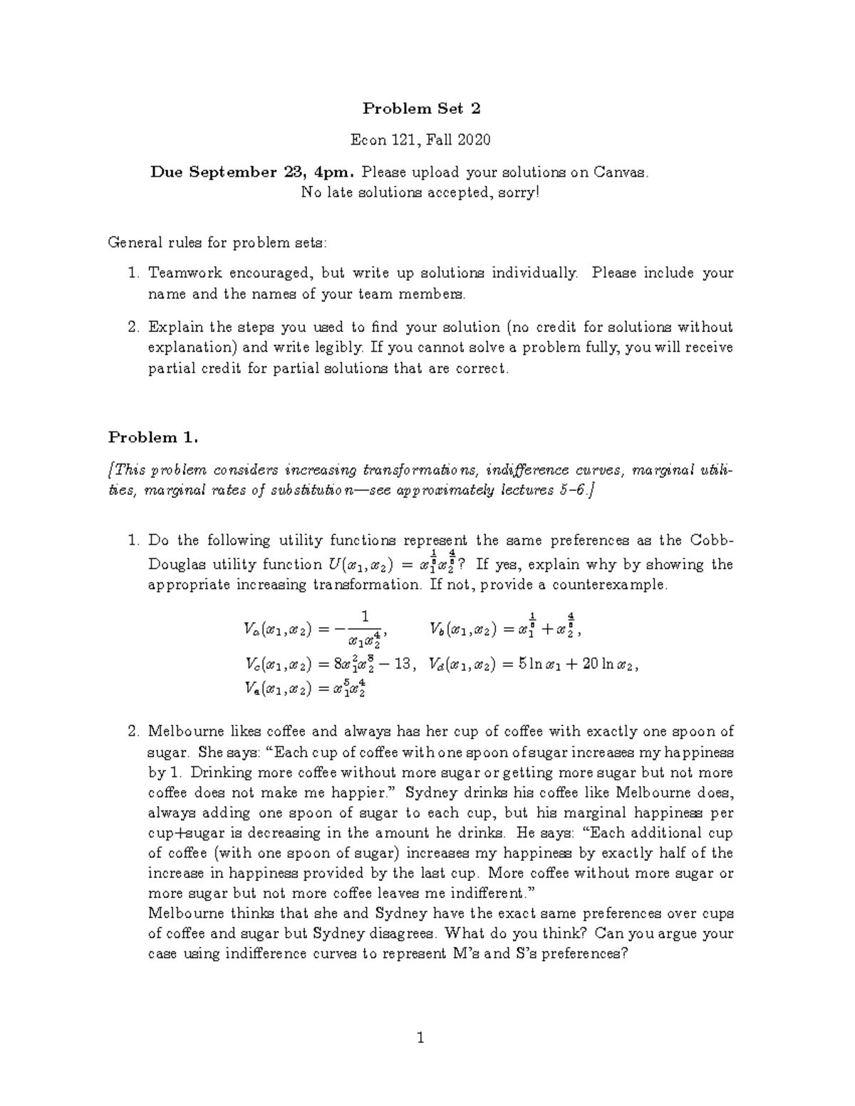 Problem set 2 - Problem Set 2 Econ 121, Fall 2020 Due September 23, 4pm ...