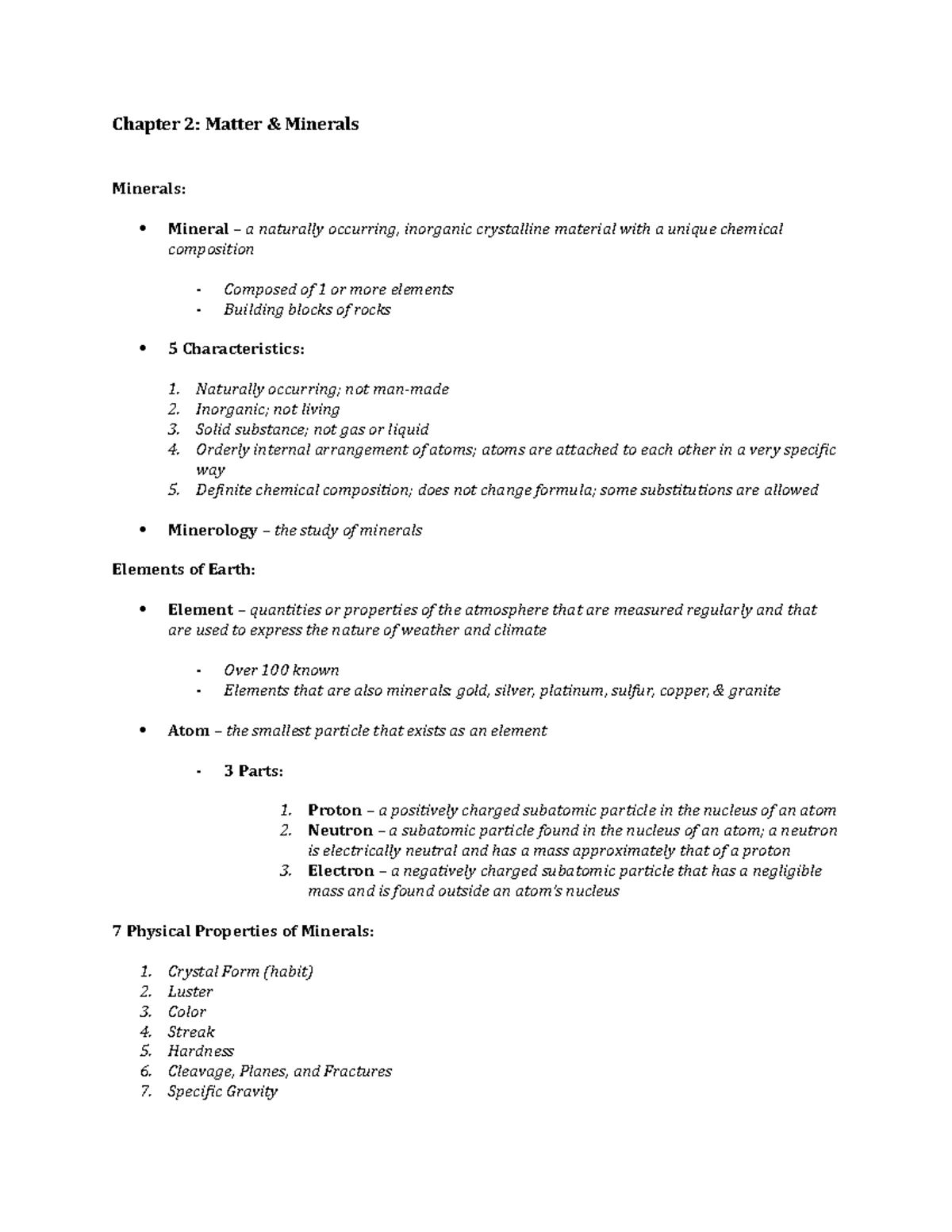 Chapter 2 Notes: Understanding Matter & Minerals in Geology - Studocu