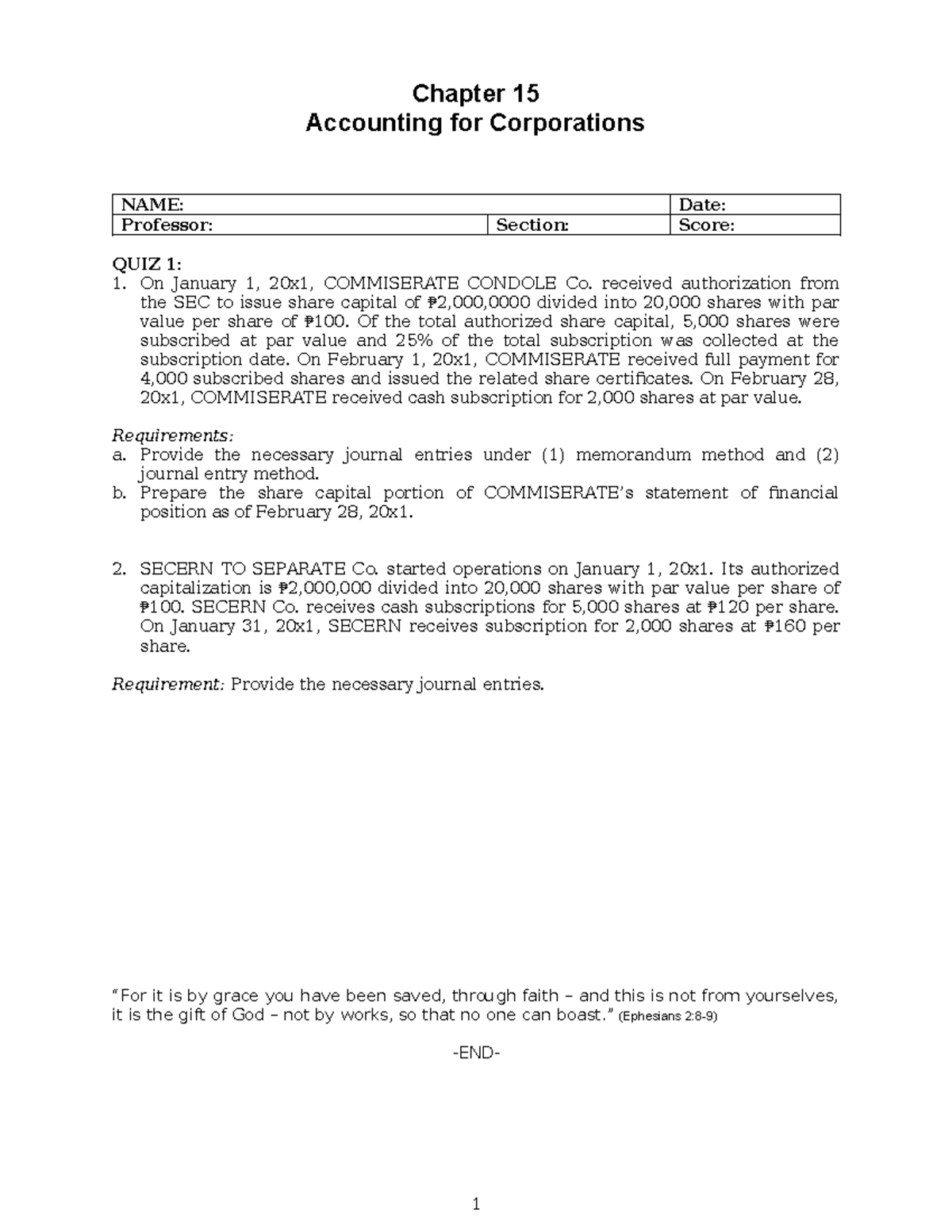 Chapter 15 Quiz: Accounting for Corporations (ACCT 201) Solutions and ...
