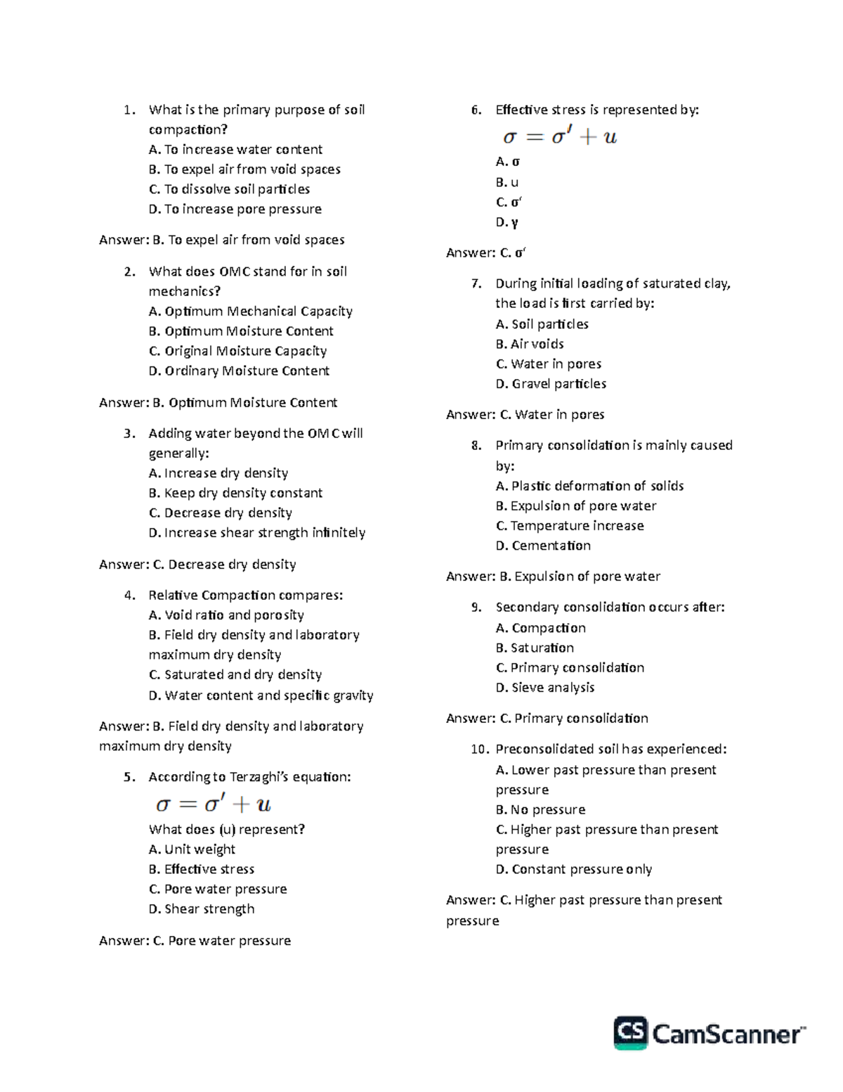 Soil Mechanics MCQs: Key Concepts & Answers (Course Code: 1 2) - Studocu