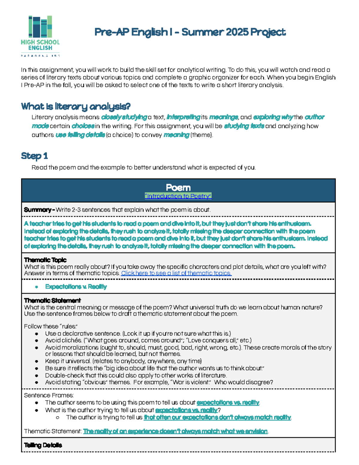 English I Summer 2025 Pre-AP Project: Analyzing Poetry & Fiction - Studocu