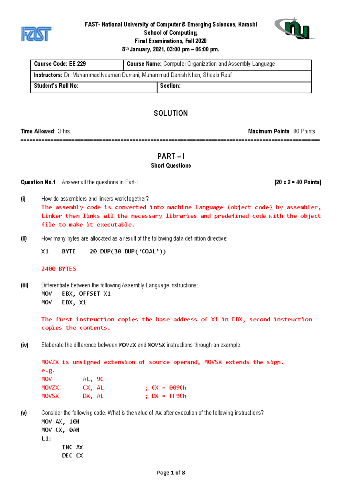 EE 229 Final Exam Solutions - Computer Organization & Assembly Language - Studocu