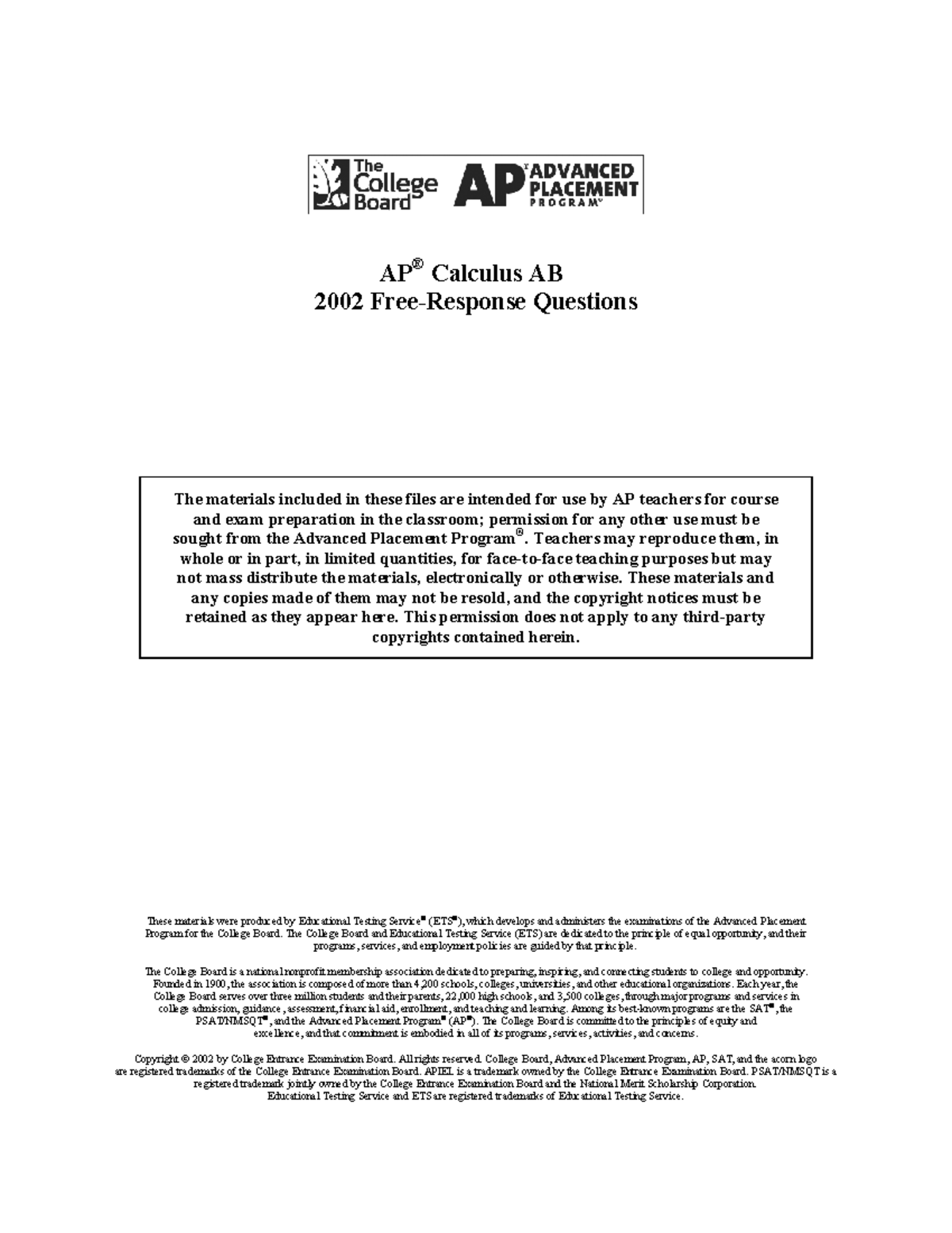 AP Calculus AB 2002 Free Response Questions - Studocu