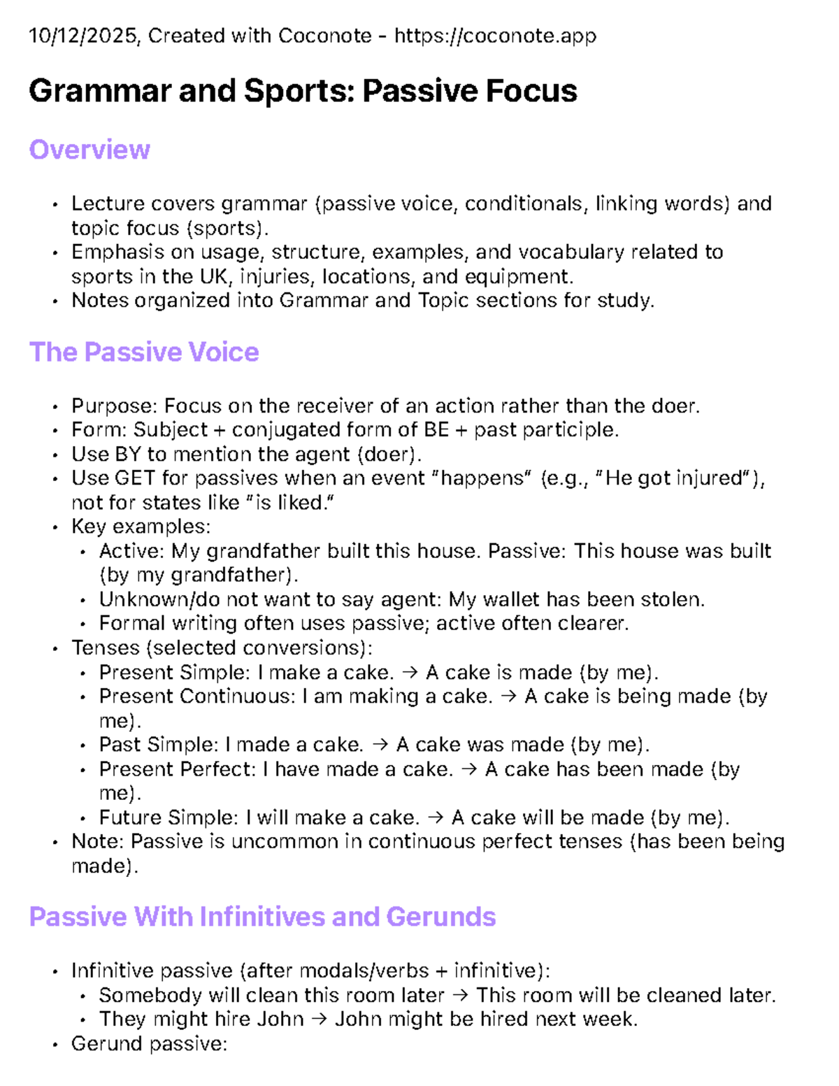 Grammar and Sports: Passive Voice Overview Lecture Notes - Studocu