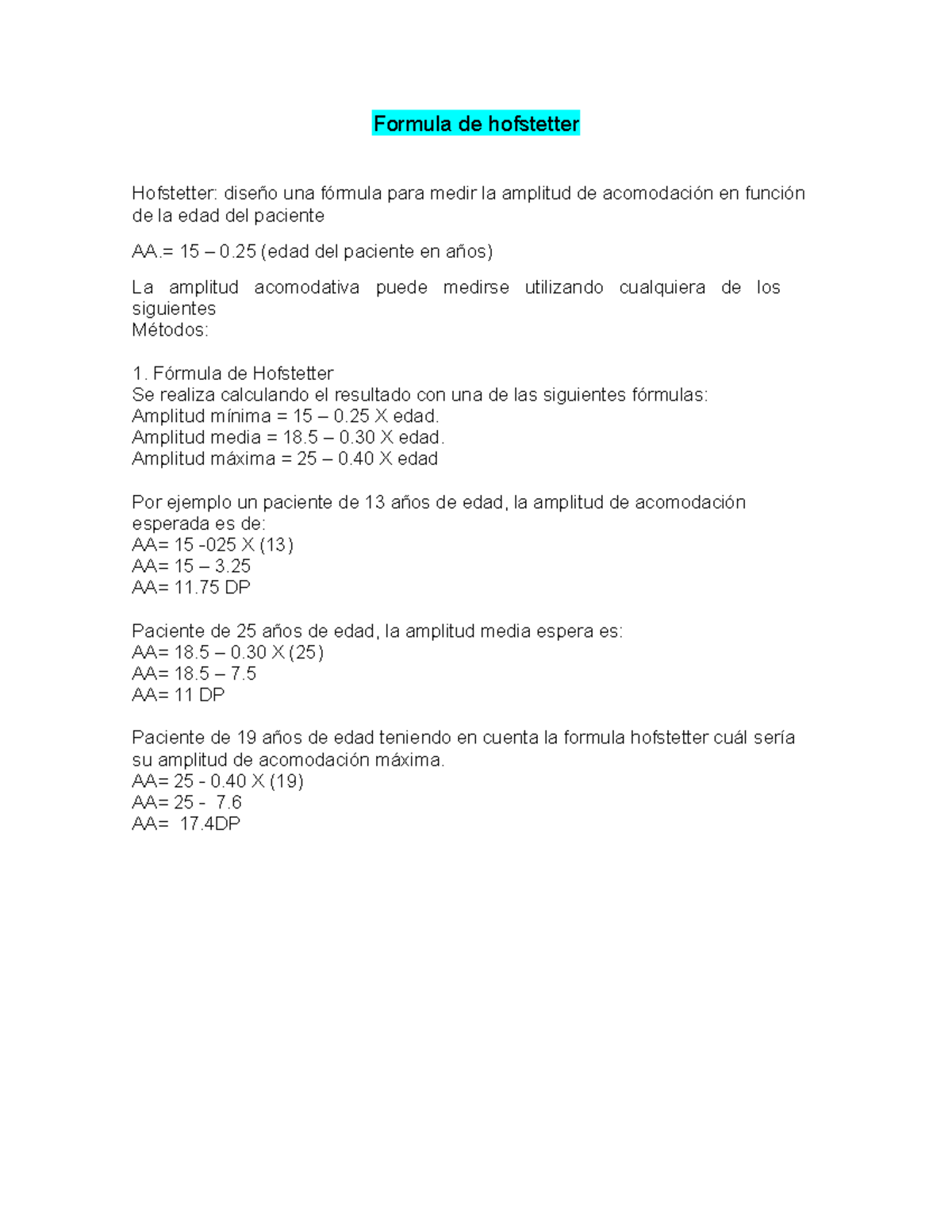 Fórmula de Hofstetter: Amplitud de Acomodación según Edad - Studocu