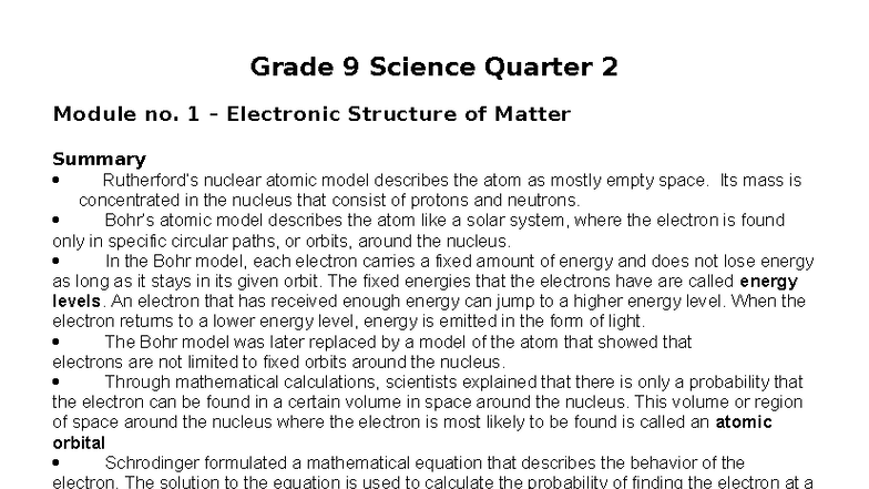Grade 9 Science Q2 Module 1: Electronic Structure & Chemical Bonding ...