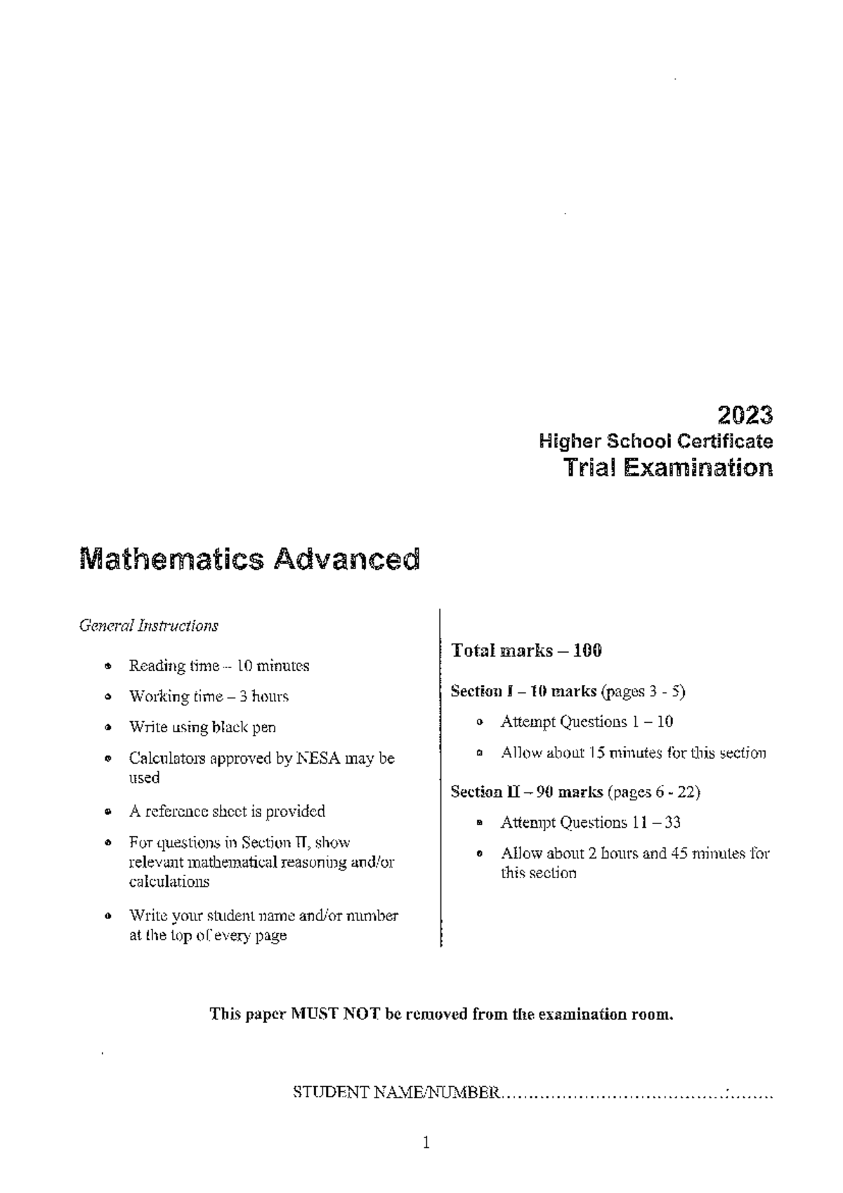 2023 HSC Trial Exam Paper & Solutions (Maths Adv) - Studocu