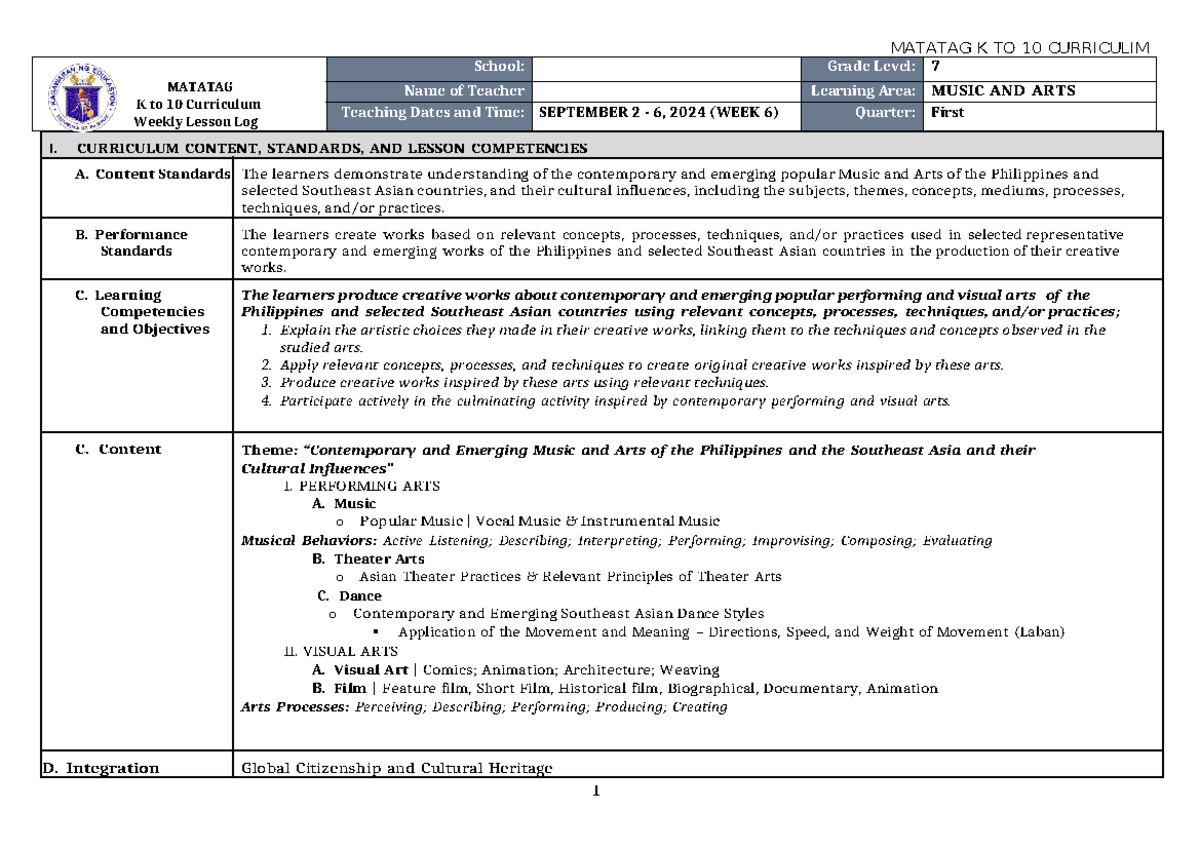 Revised Title: DLL MATATAG Music & Arts 7 Q1 Weekly Lesson Log (W5-7) - Studocu