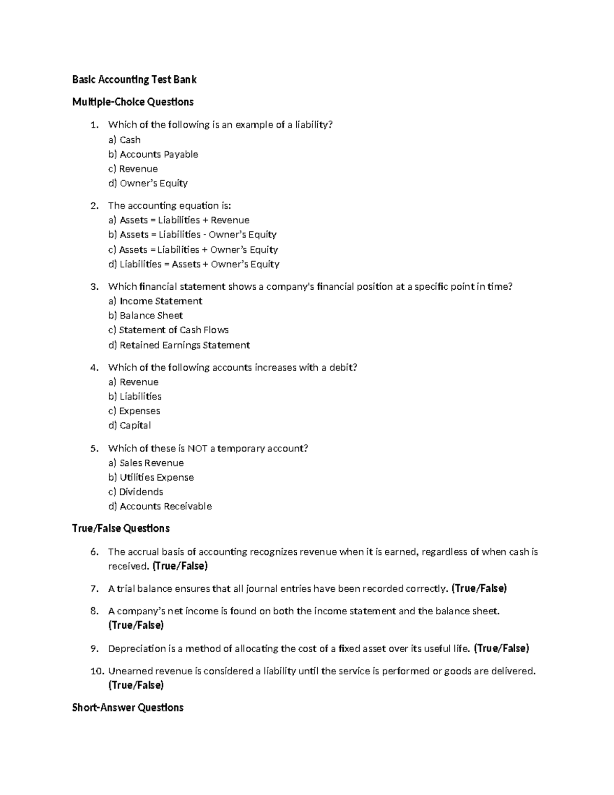Basic Accounting (ACCT101) Test Bank & Answer Key for Practice - Studocu