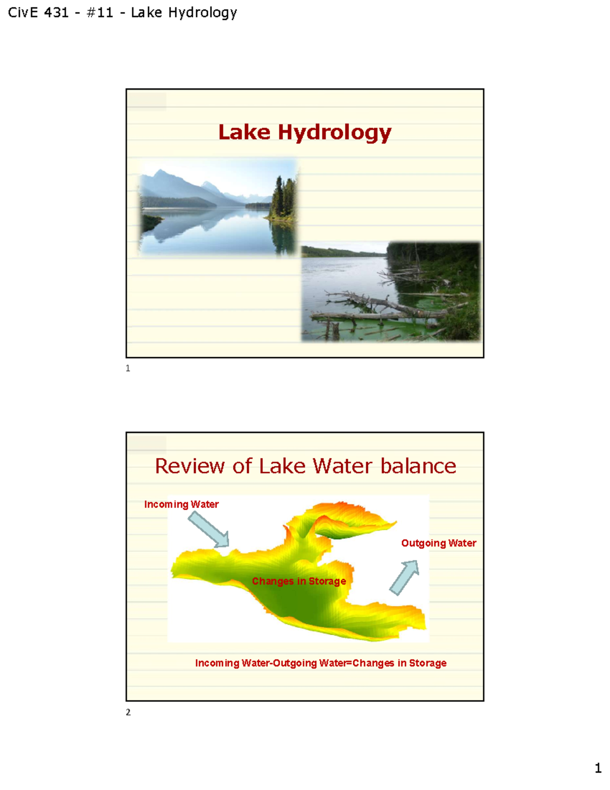 431 11 Lake Hydrology - Lake Hydrology Review of Lake Water balance ...