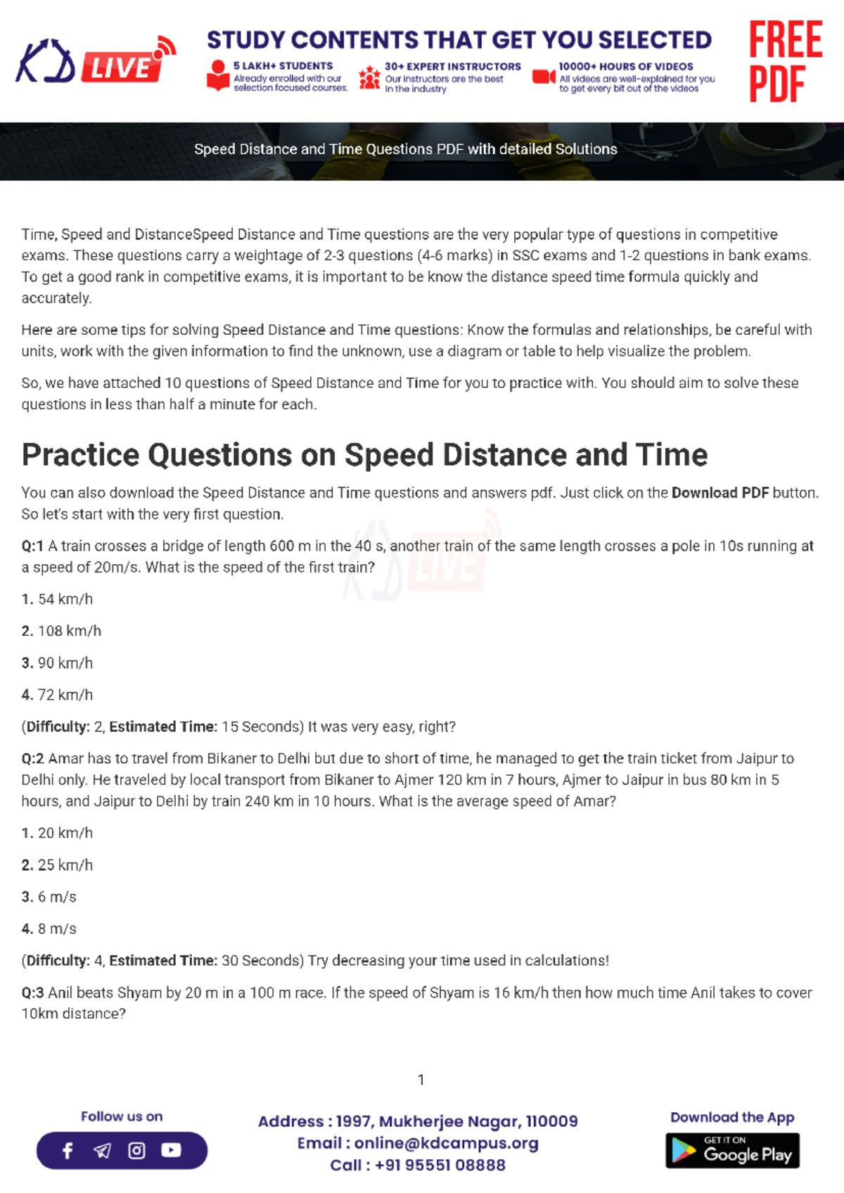 Quantitative aptitude speed distance and time questions pdf with ...