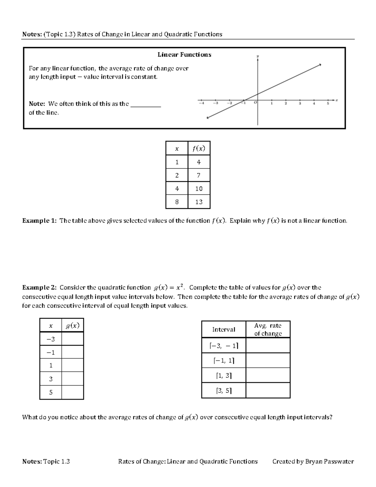Notes: (Topic 1.3) Rates of Change in Linear & Quadratic Functions ...