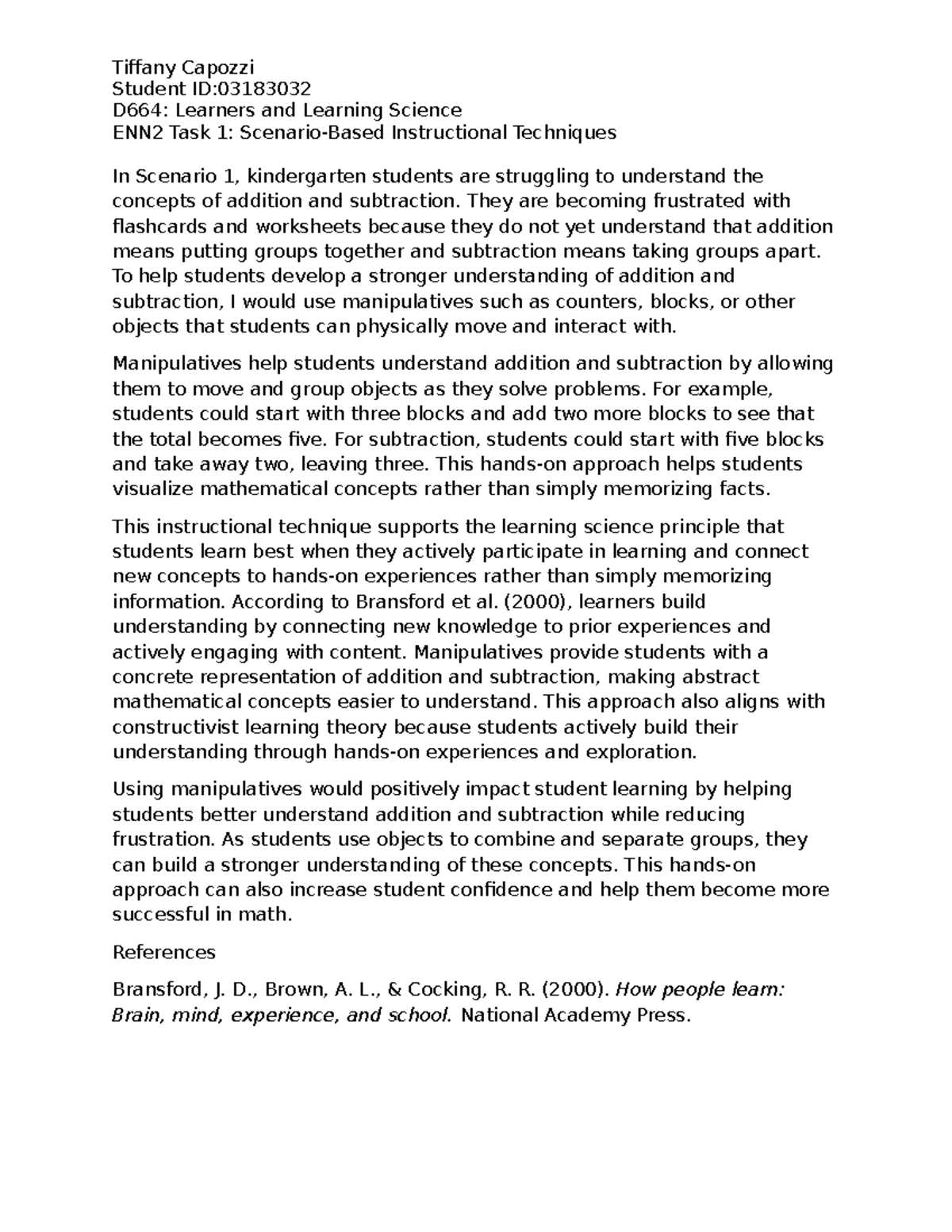 D664: Learners and Learning Science - Task 2 on Instructional ...