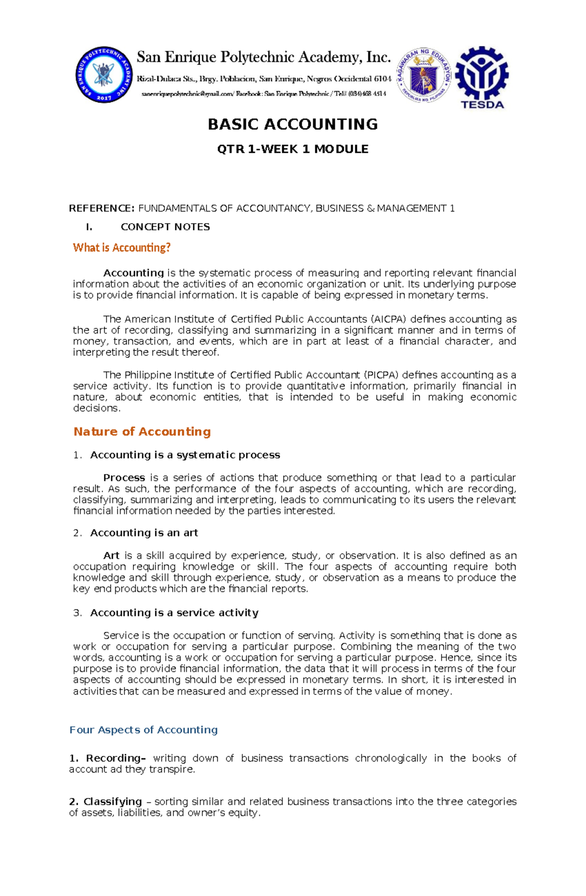 BASIC ACCOUNTING QTR 1 MODULE 1: INTRODUCTION TO ACCOUNTING - Studocu