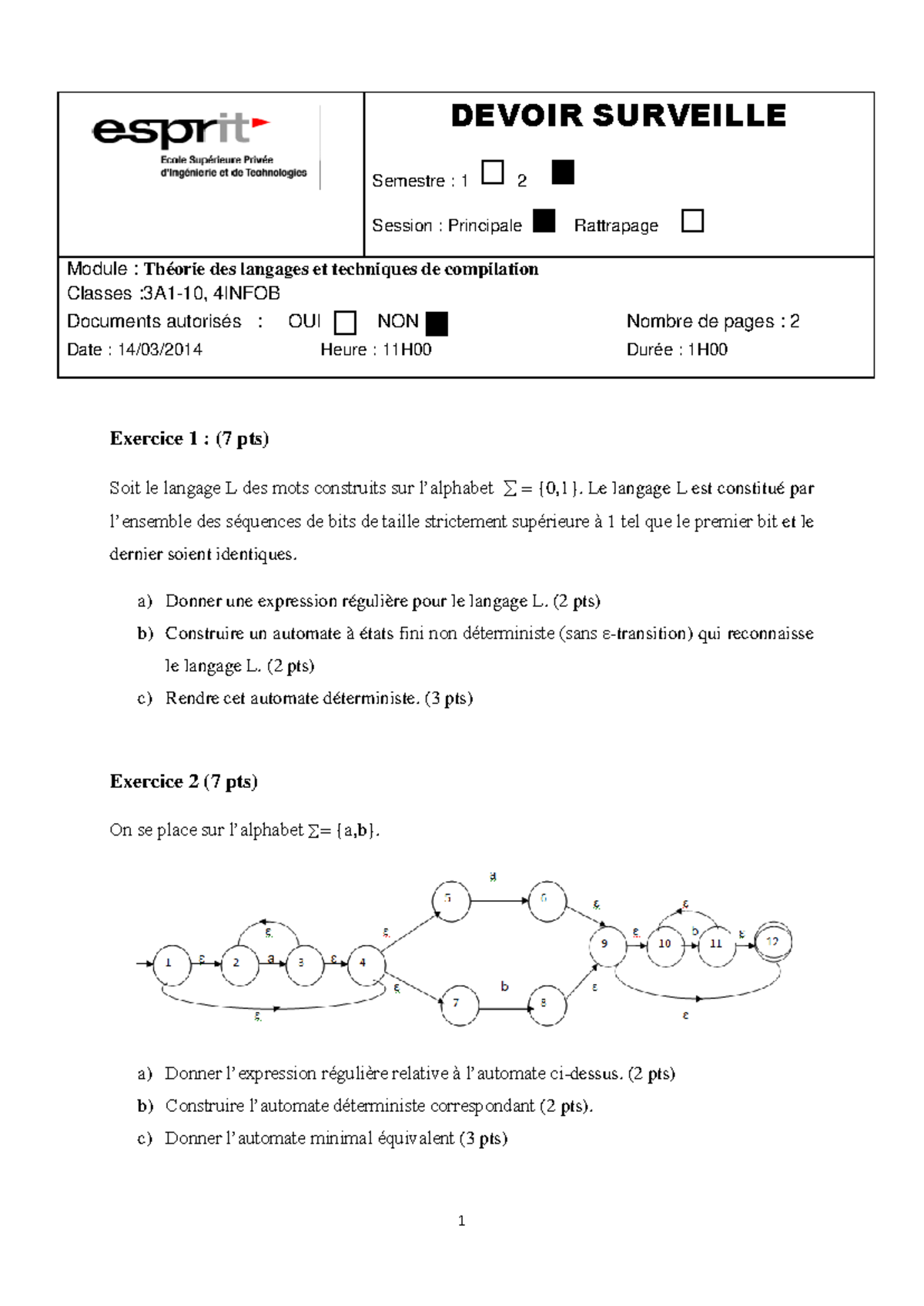 DS 1 - Théorie des langages et techniques de compilation - Examen - Studocu