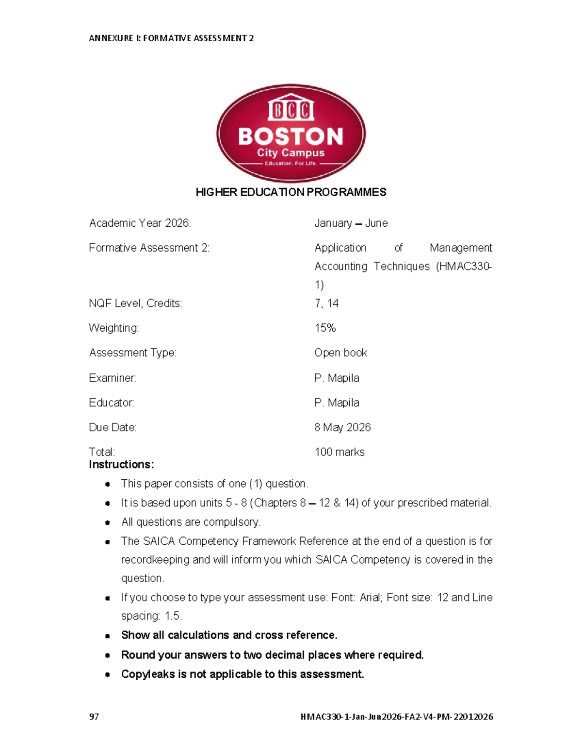 Formative Assessment 2: Application of Management Accounting Techniques ...