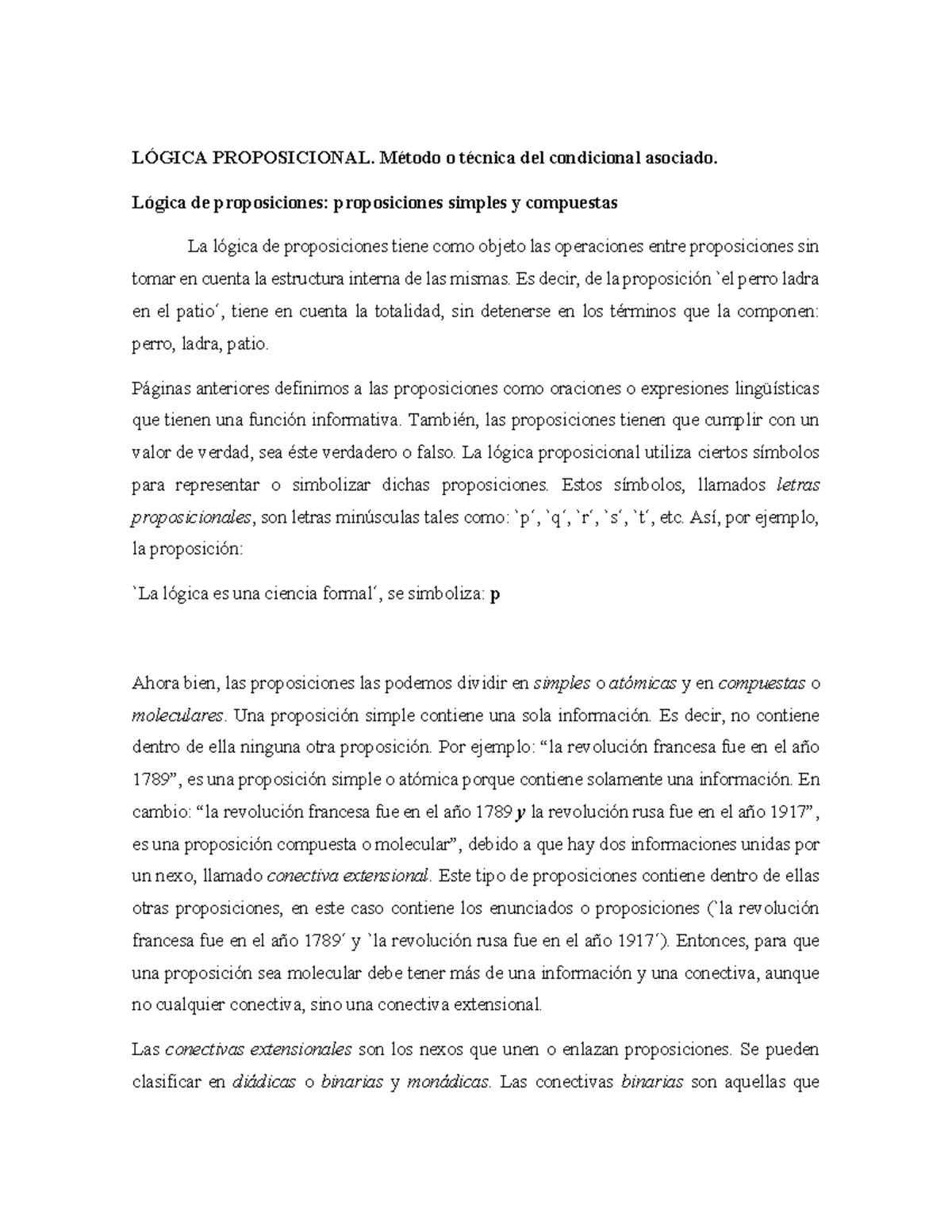 Ficha de Lógica Proposicional y Condicional Asociado - LÓGICA 101 - Studocu