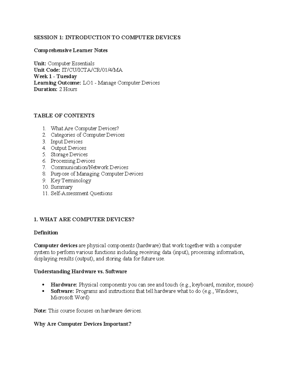 COMP 101: Session 1 - Intro to Computer Devices Learner Notes - Studocu