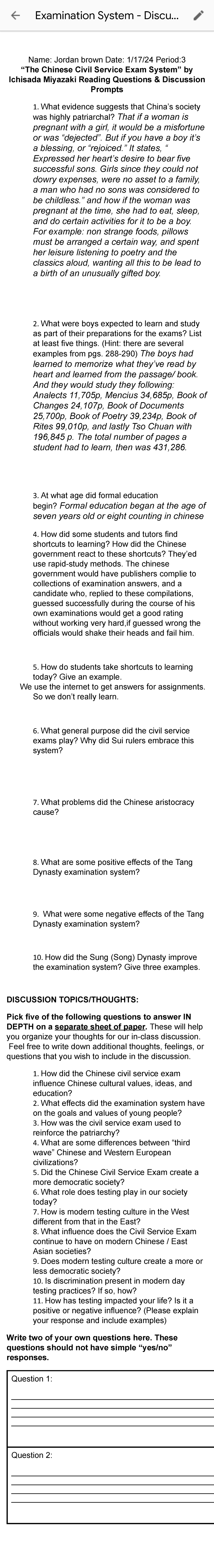 Chinese Civil Service Exam System: Reading Questions & Discussion (HIST ...