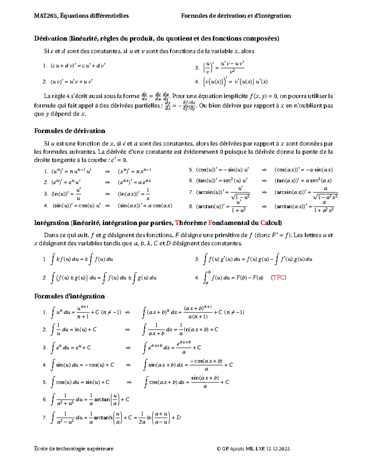 MAT265 - Formules de Dérivation et Intégration en Équations ...