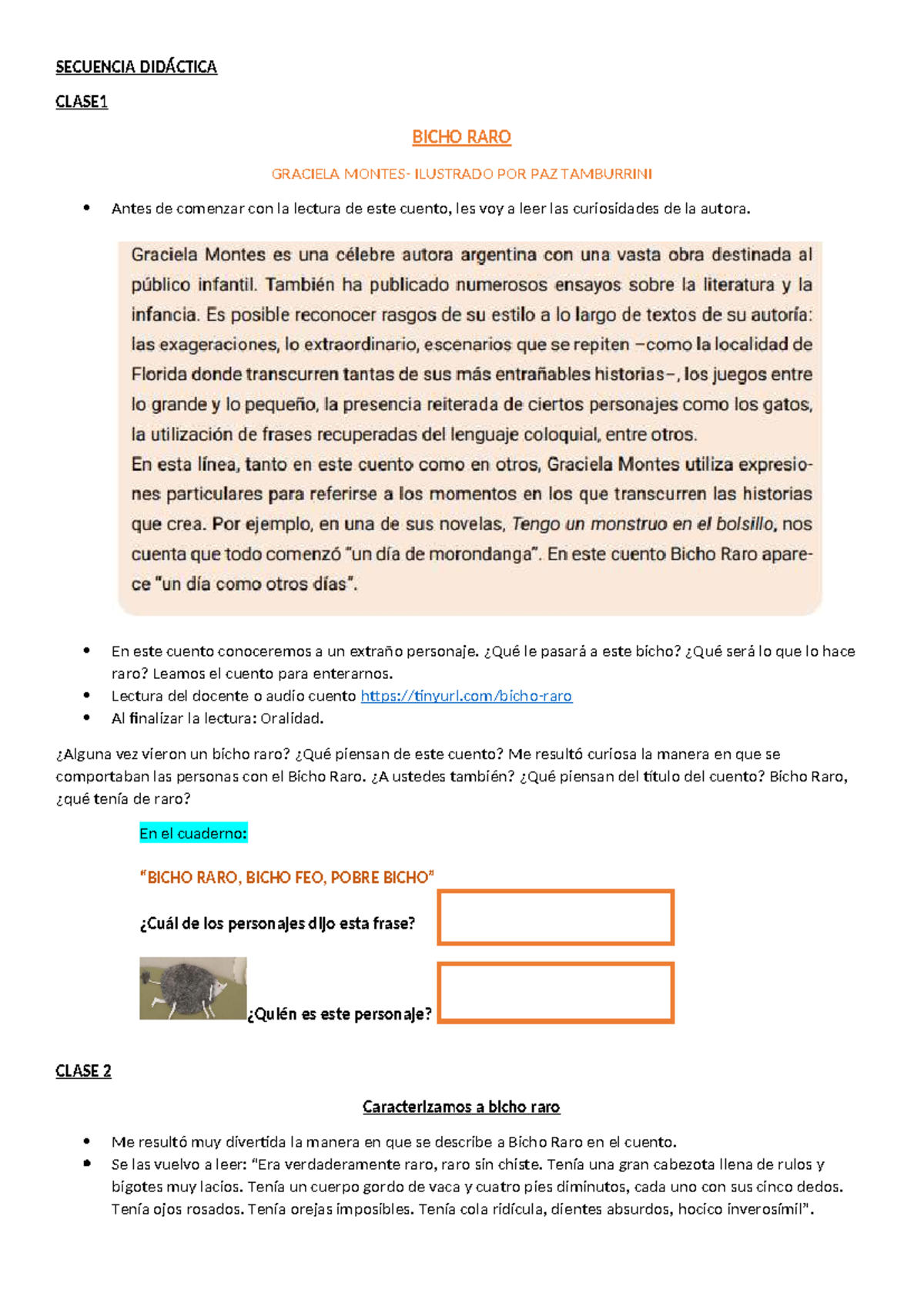SECUENCIA DIDÁCTICA: CLASES SOBRE EL BICHO RARO - Studocu