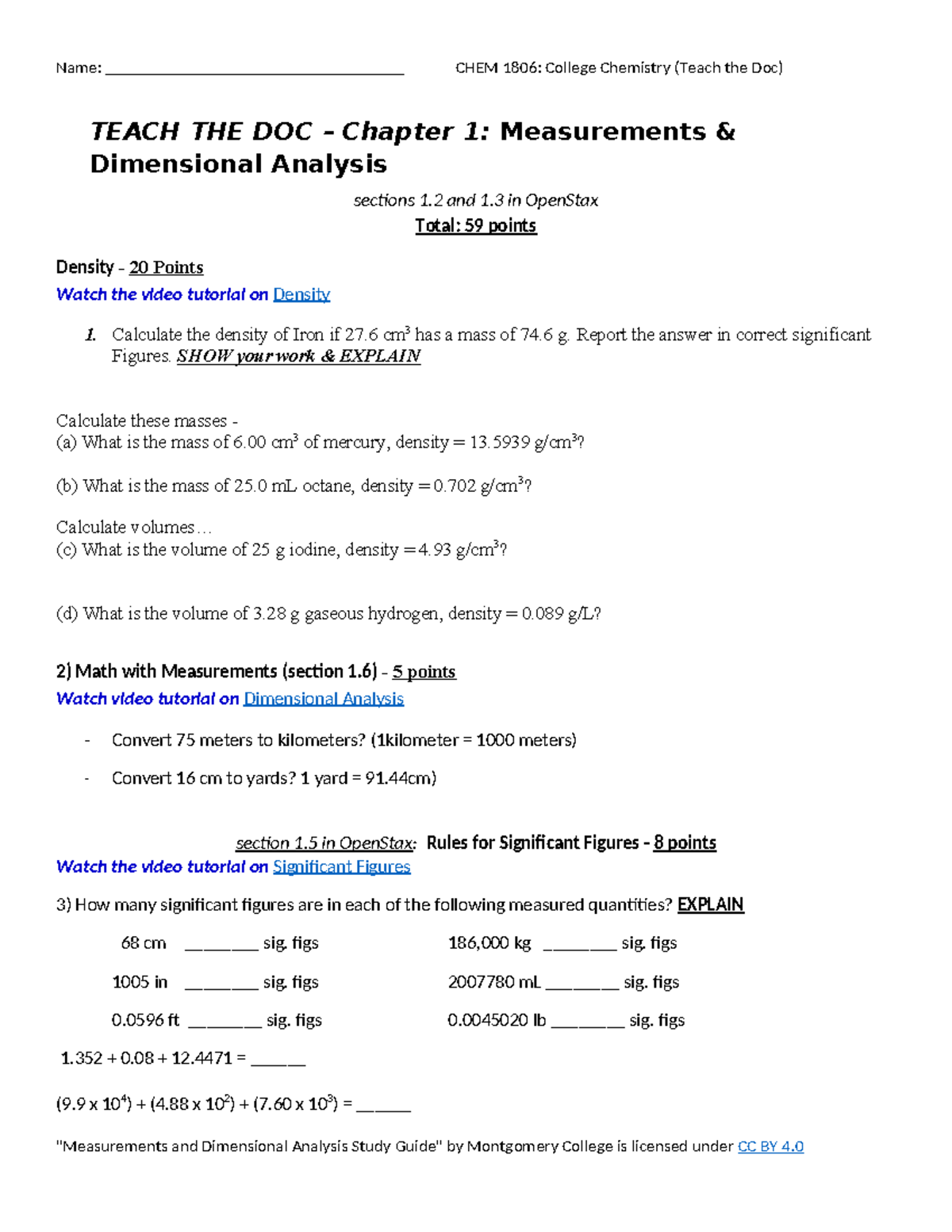 CH-1 CHEM 1806: Density, Measurements & Dimensional Analysis Homework ...