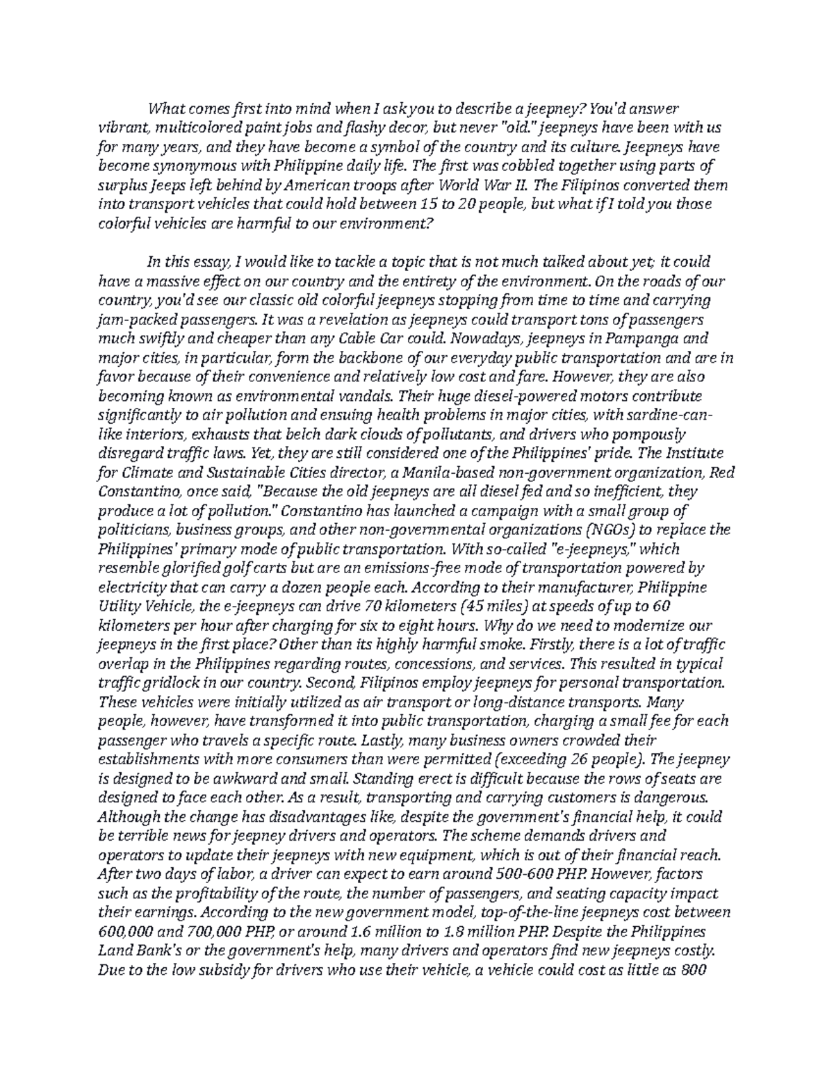 SM 304 - Persuasive Essay about jeepney phaseout - What comes first ...