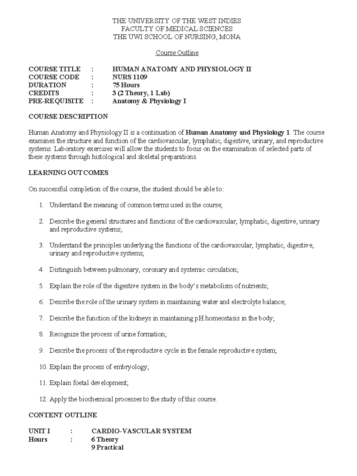 Human Anatomy and Physiology II (NURS 1109) Course Outline 2024 - Studocu
