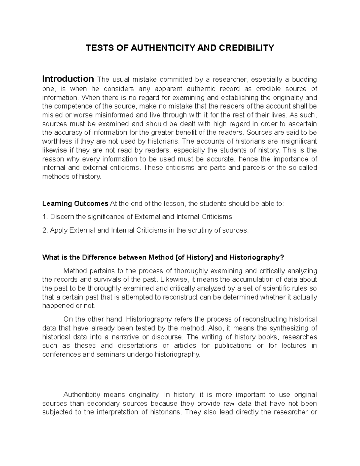 M2 - Tests of Authenticity and Credibility in Philippine History - Studocu