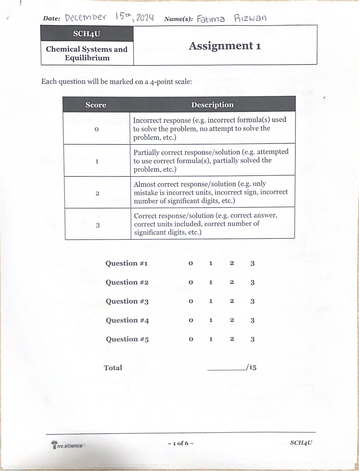 SCH4U Chemical Systems and Equilibrium Assignment 1 Solutions - Studocu