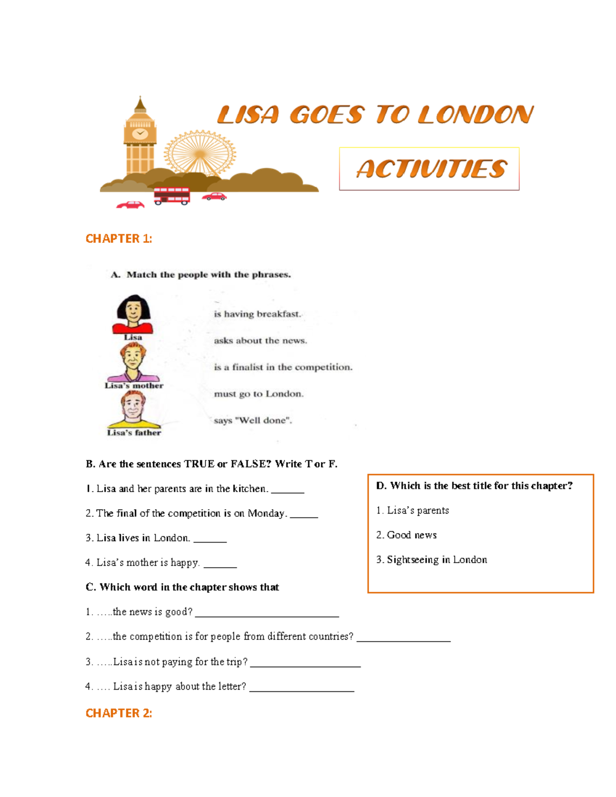 LISA GOES TO LONDON: Chapters 1-12 Study Questions & Activities - Studocu