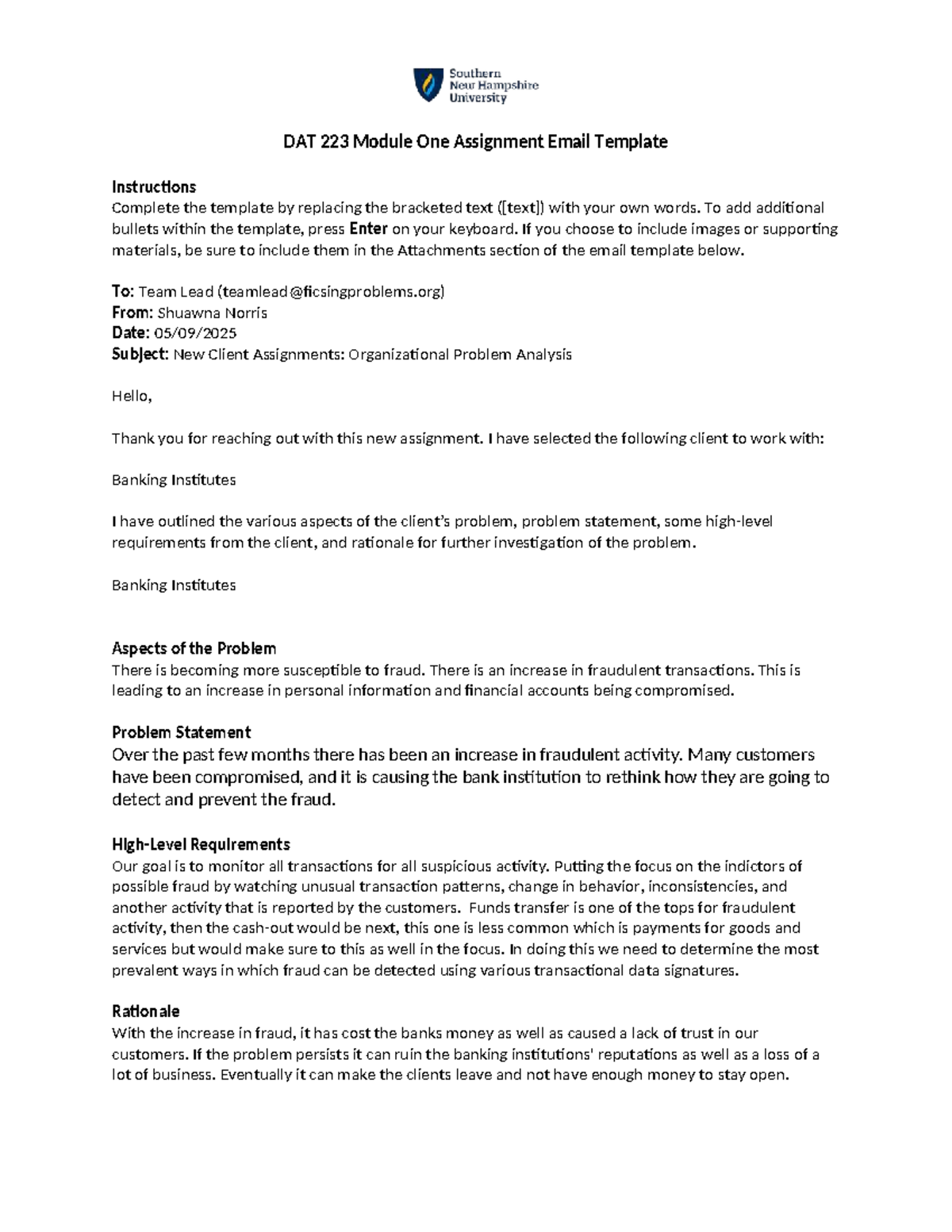 DAT 223 Module 1 Assignment: Email Template for Client Analysis - Studocu