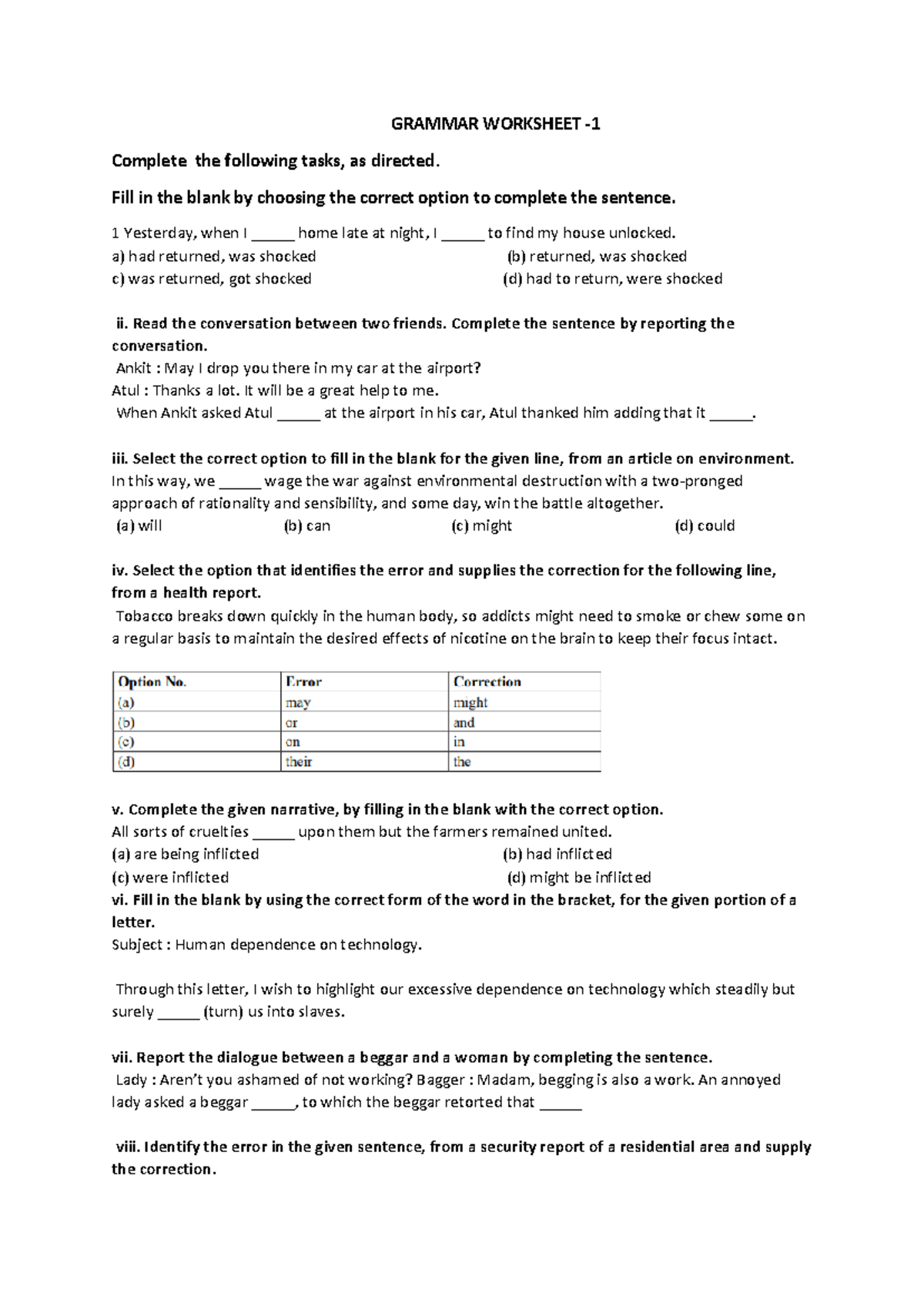 G-10 Grammar WS - Comprehensive Worksheet for Students - Studocu